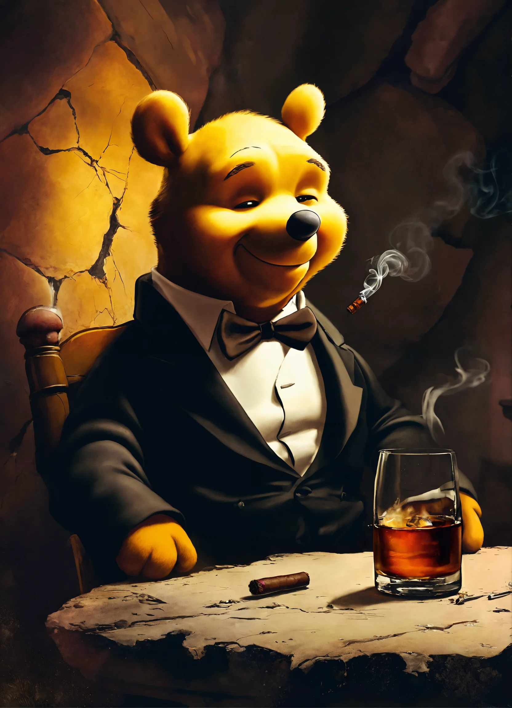 Lexica - Winnie the pooh in a tuxedo, serious look on his face, sitting ...