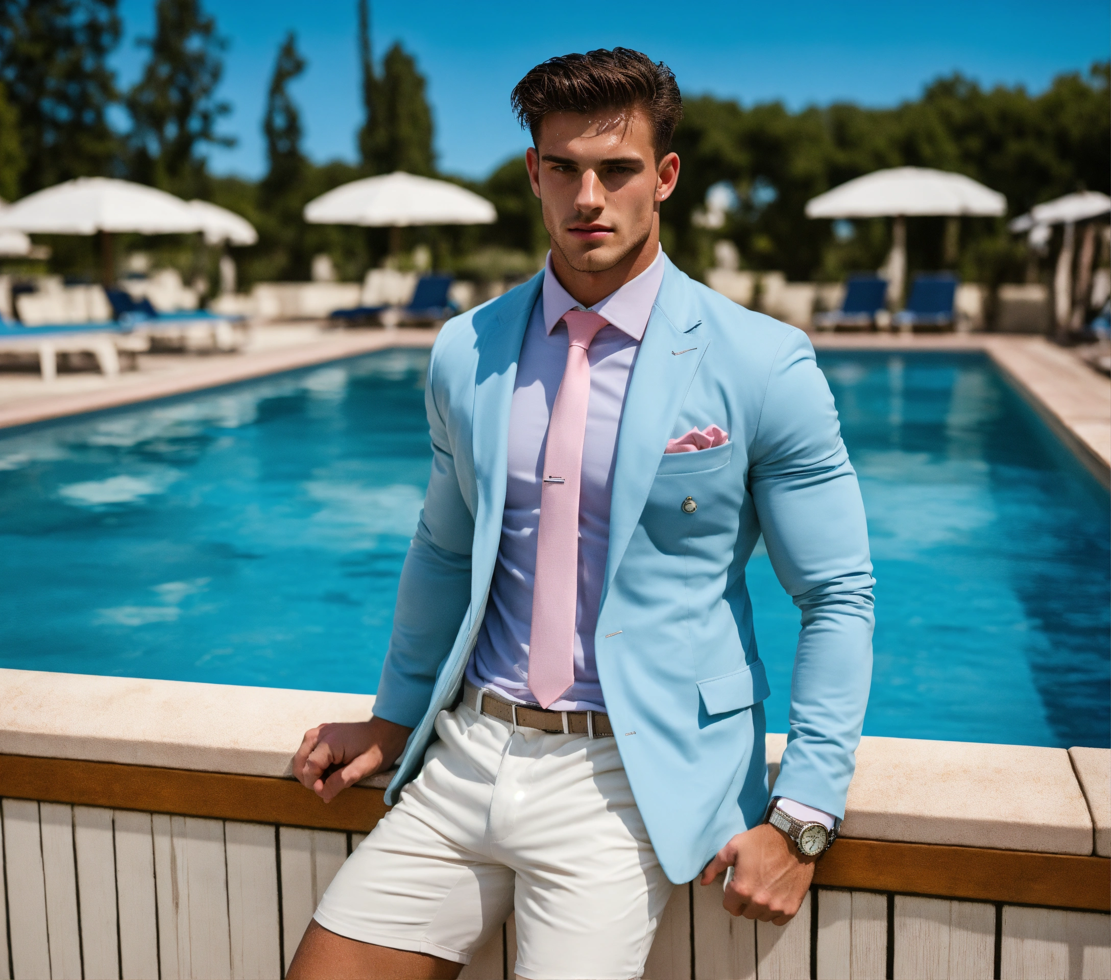 Lexica - A young Italian muscled sportsman in pale blue jacket, pale ...