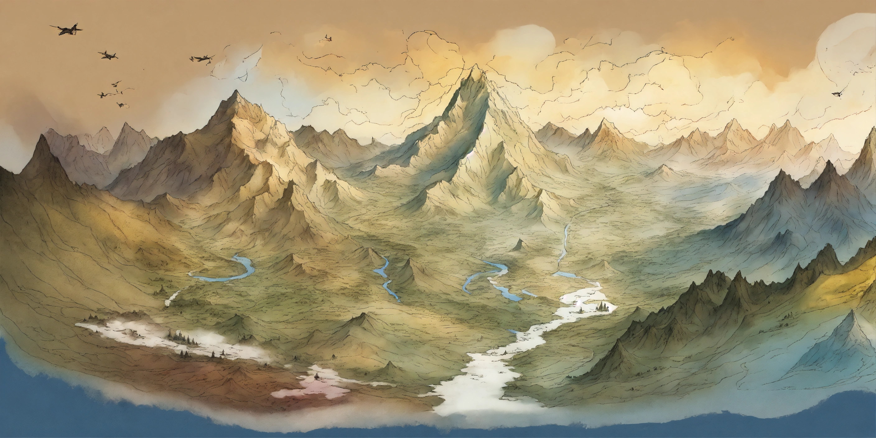 Lexica - Fantasy map with mountains and snow peaks. sketch print with ...