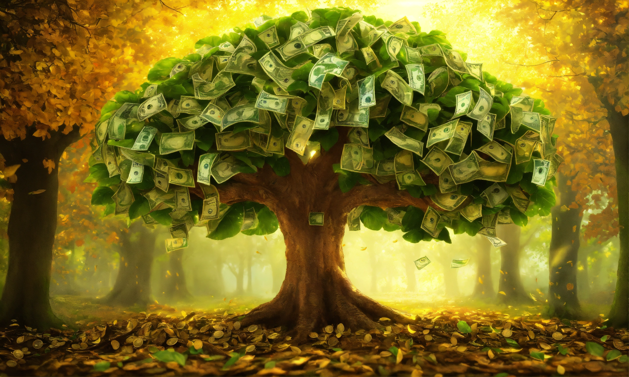 Lexica - Flourishing tree, Dollar bills as leaves, Rich canopy, Strong ...