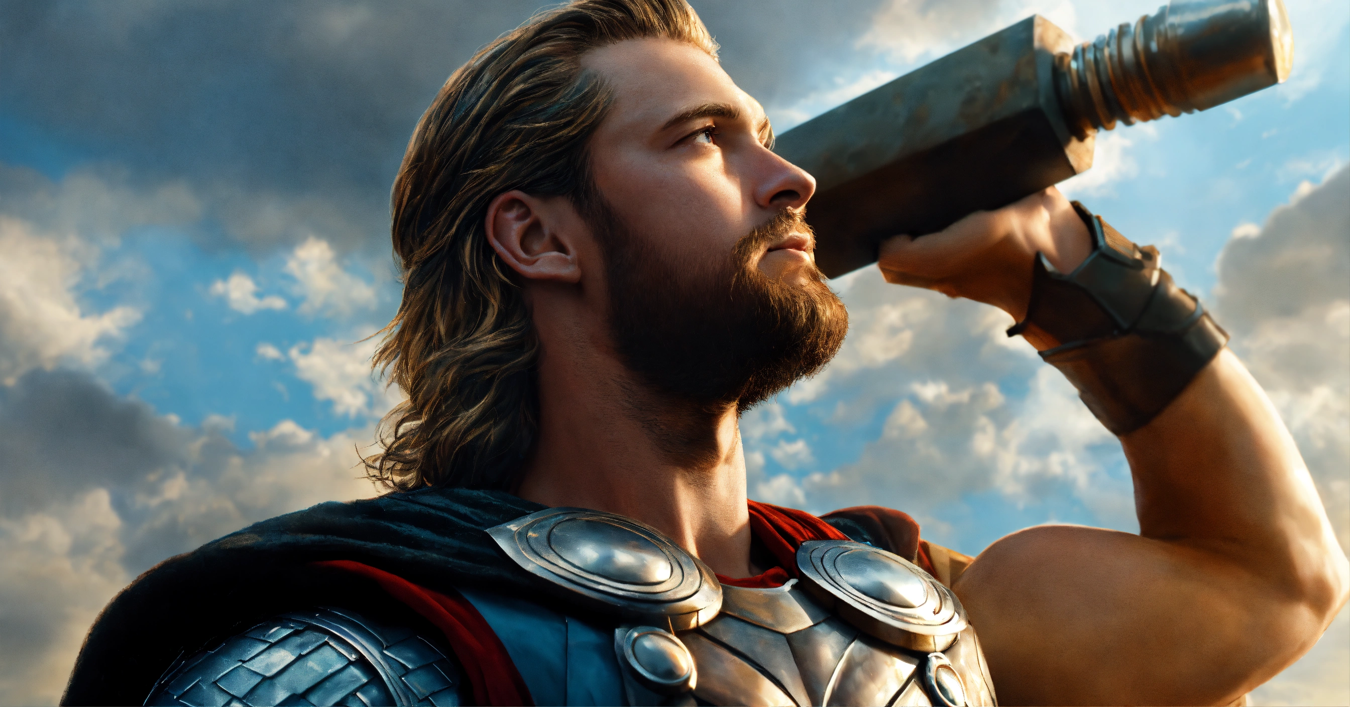 Lexica - Man close up looking up at sky at the gods, thor hammer ...