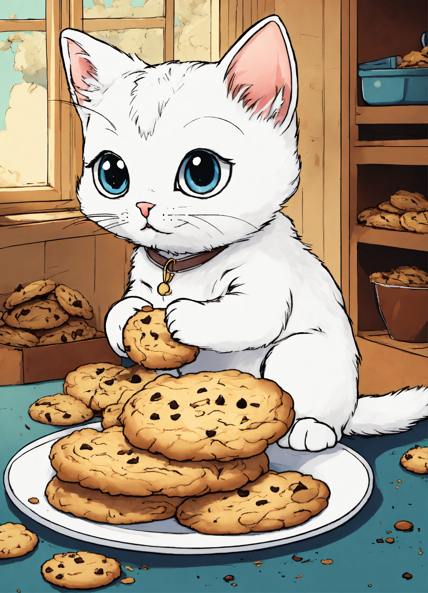 Lexica - A cute ADORABLE white LITTLE cat WITH BIG EYES, eating messy ...