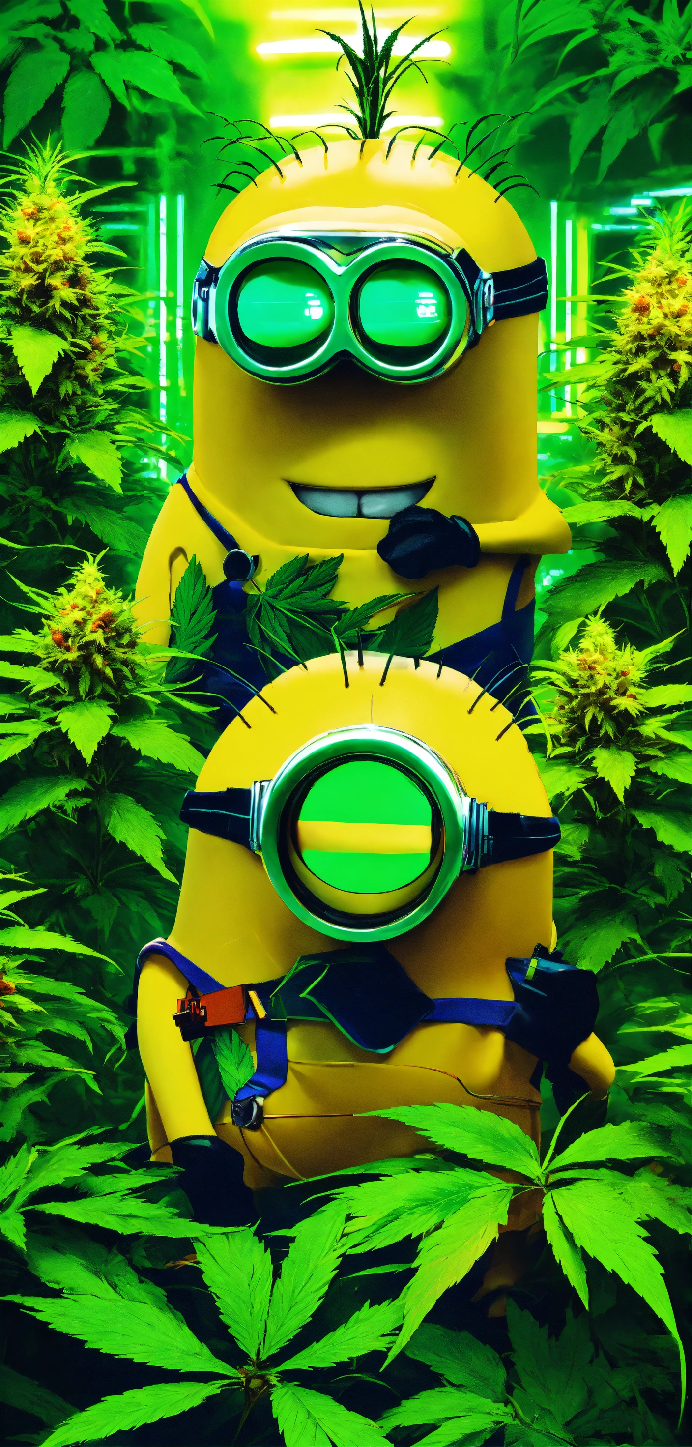 Lexica - Cyberpunk poster of 4 minions surrounded by cannabis plants