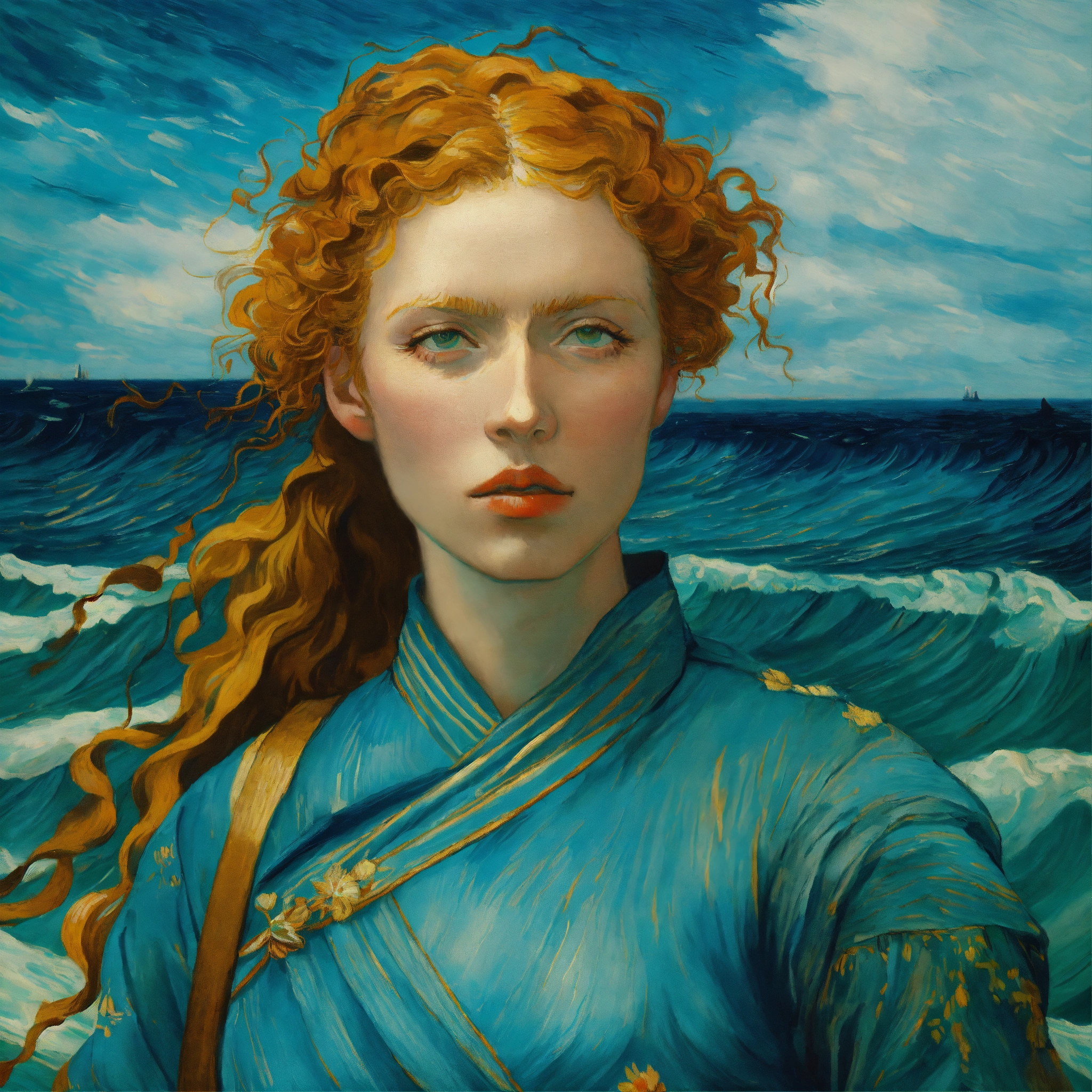 Lexica - A realistic Vincent van Gogh woman warrior in an ocean background.