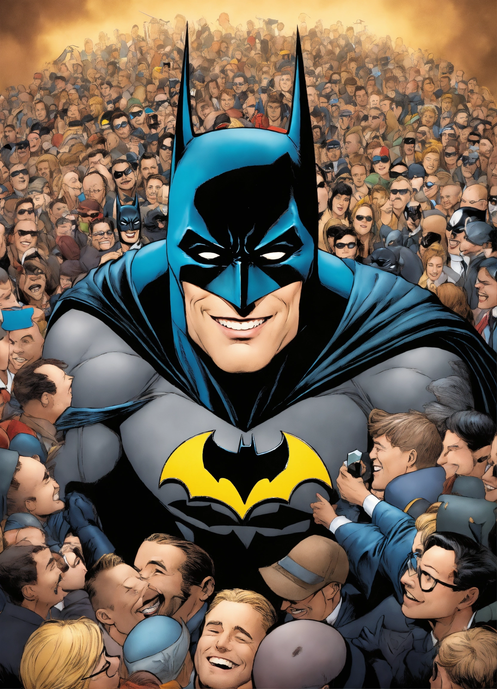 Lexica - Batman is surrounded by many people and praises him, a smile ...