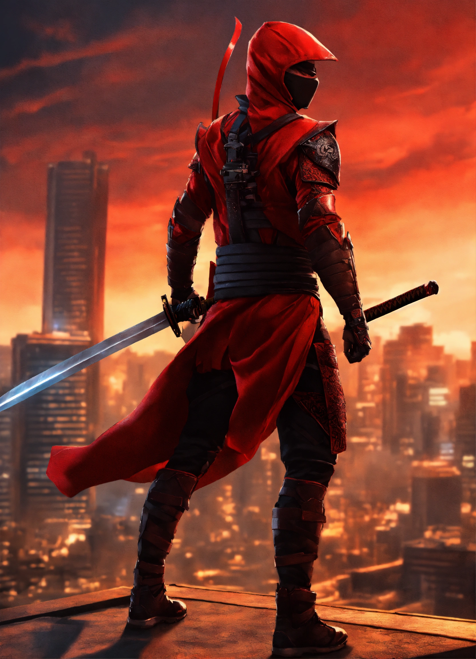 Lexica - Ninja, full length, full body, wearing red nano tech armor ...