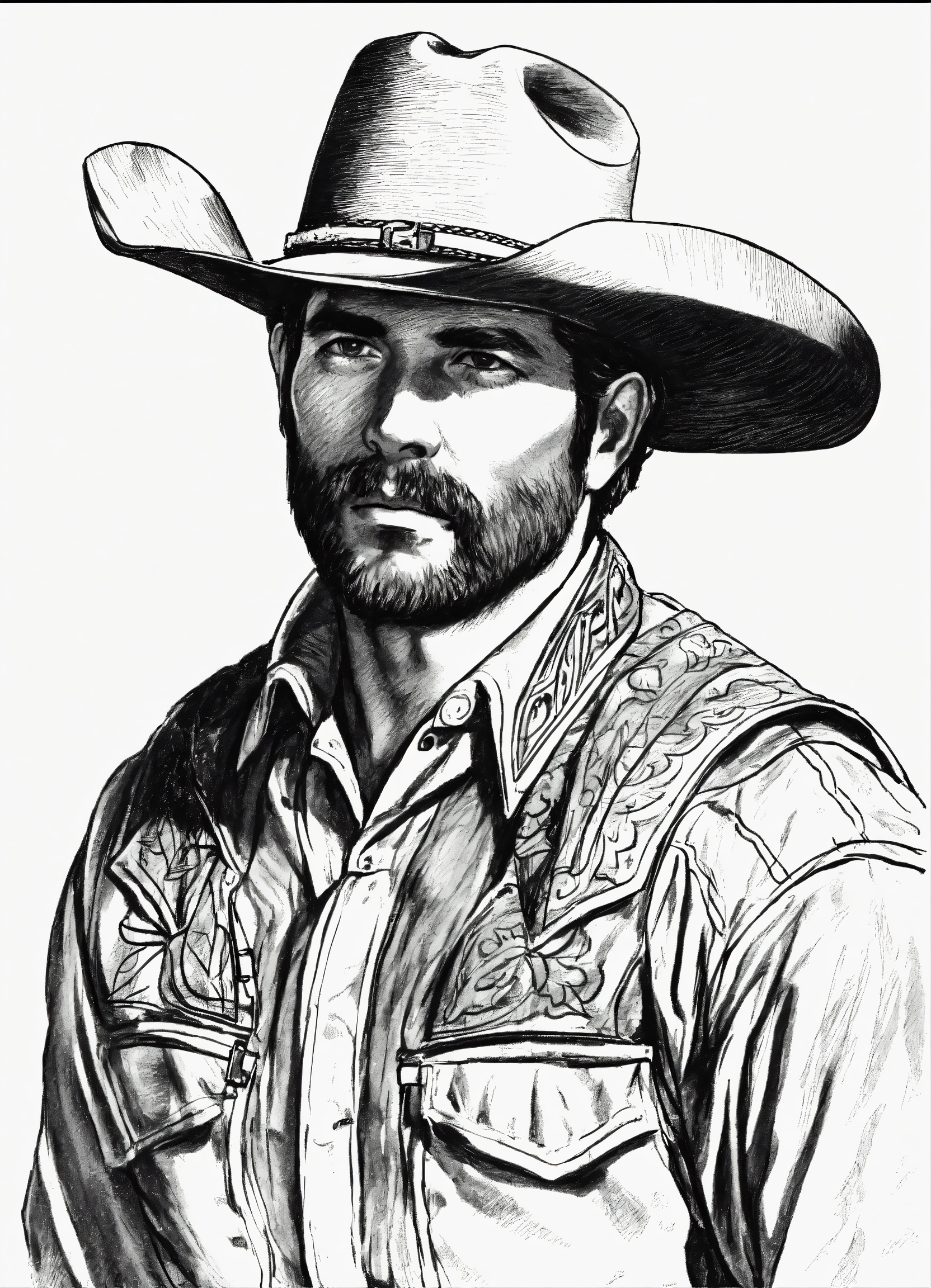 Lexica - Black and white line drawing of vaquero man, upper body, white ...