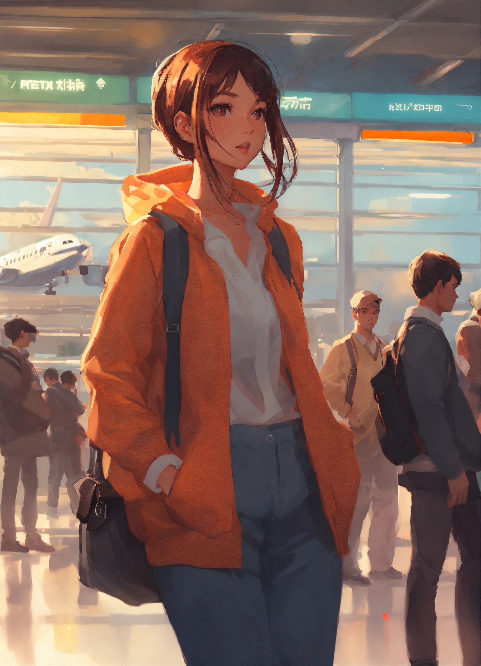 Lexica - Cute anime woman waiting in line at an airport, comfy clothing ...
