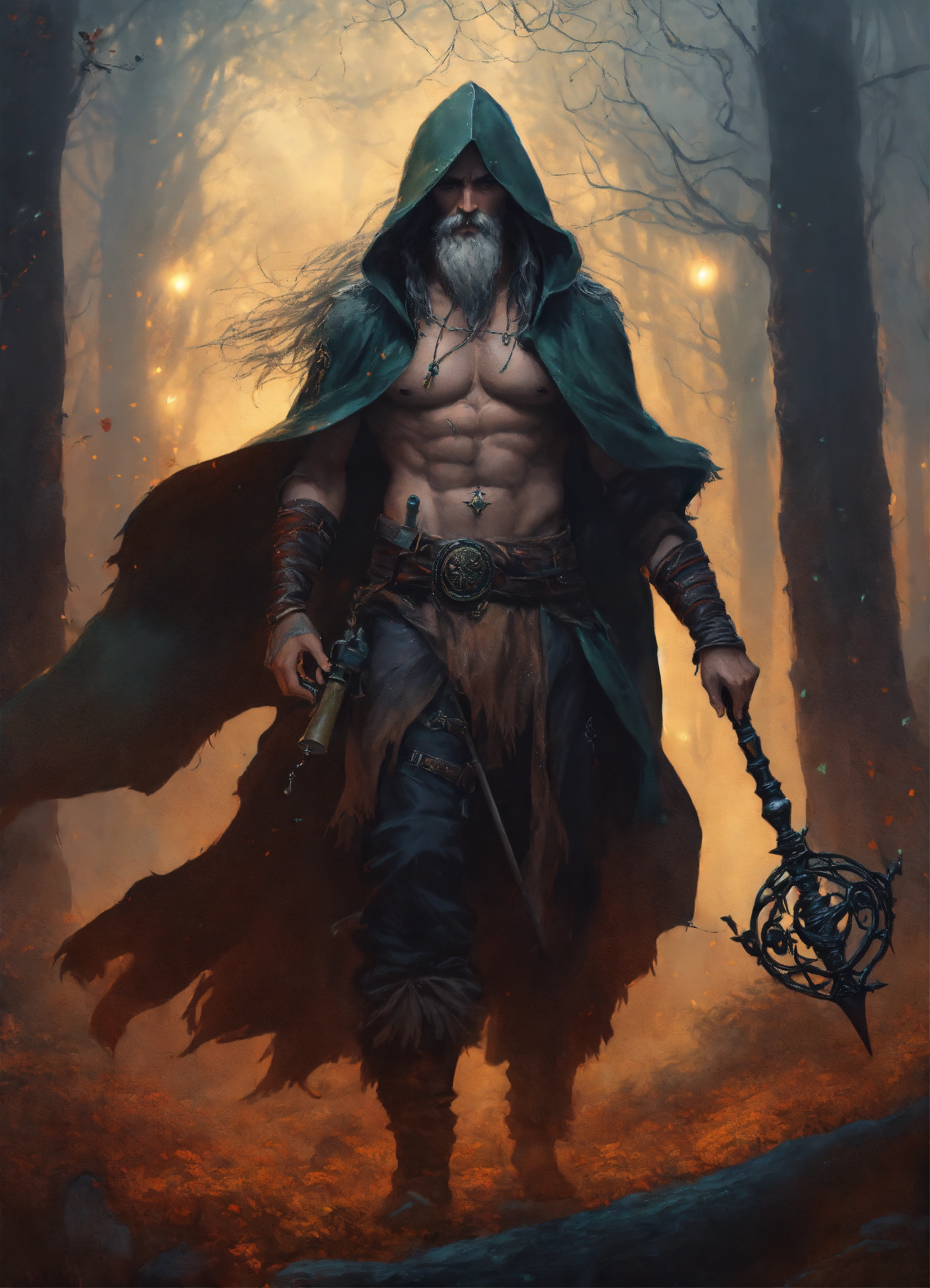 Lexica - In the style of Brom, a thin shirtless tattooed insane hermit ...