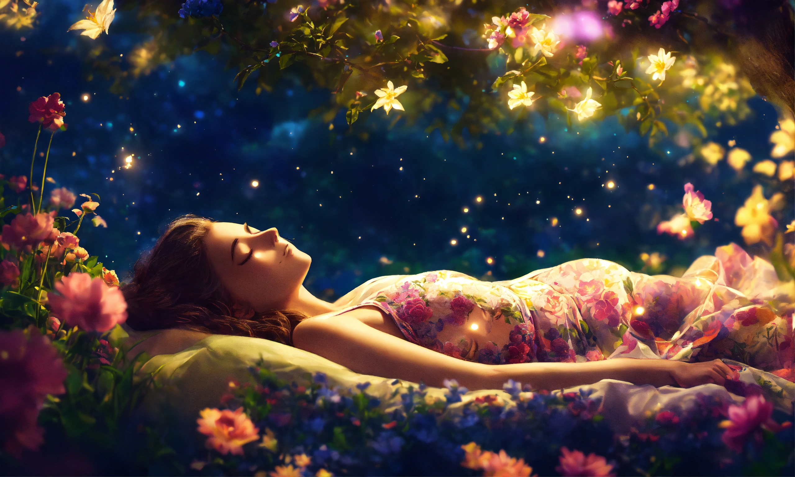 Lexica - A beautiful girl sleeps at night in a beautiful garden with ...