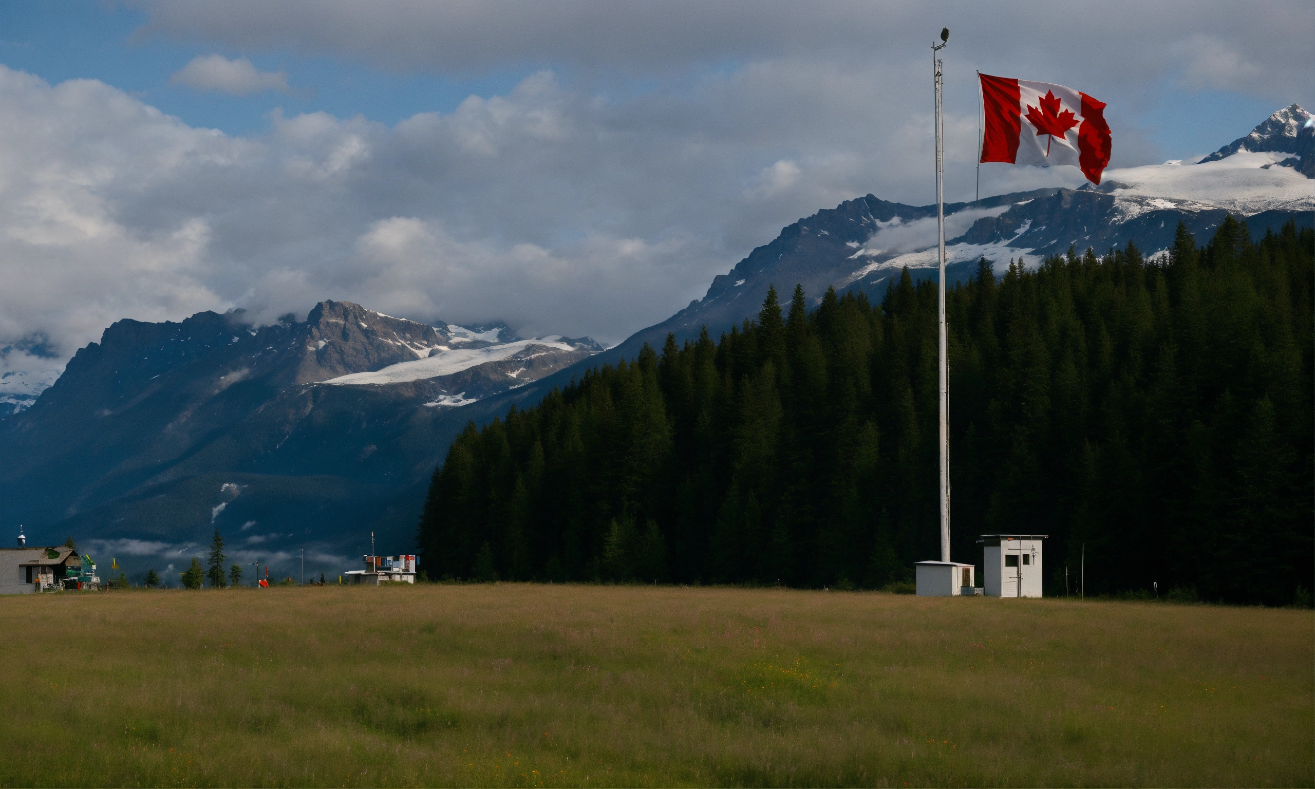 Lexica - Mountains across a meadow, with a small checkpoint building ...