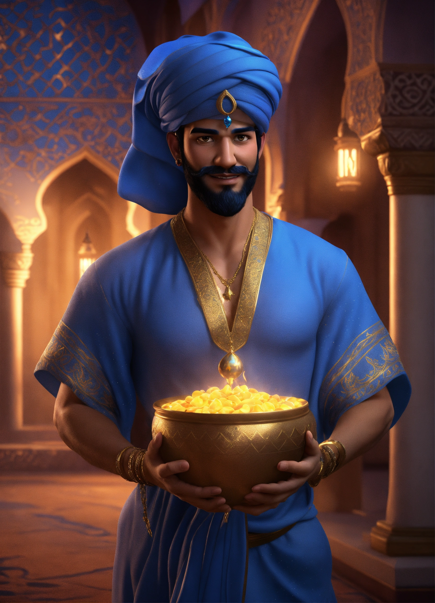 Lexica - Create a 3D rendering of a magical Arabian male genie with ...