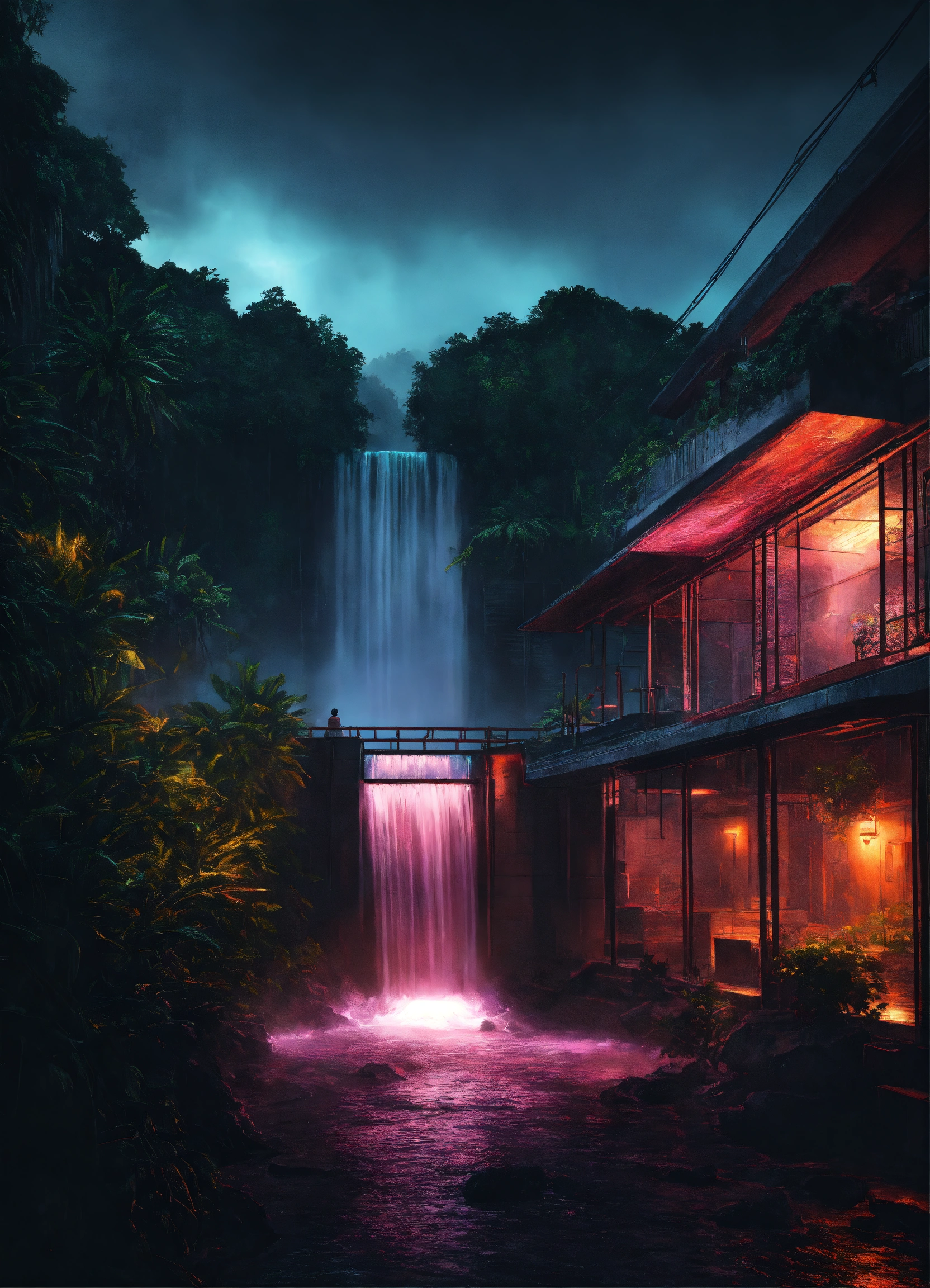 Lexica - Beautiful cozy waterfall with a view overlooking a cyberpunk ...