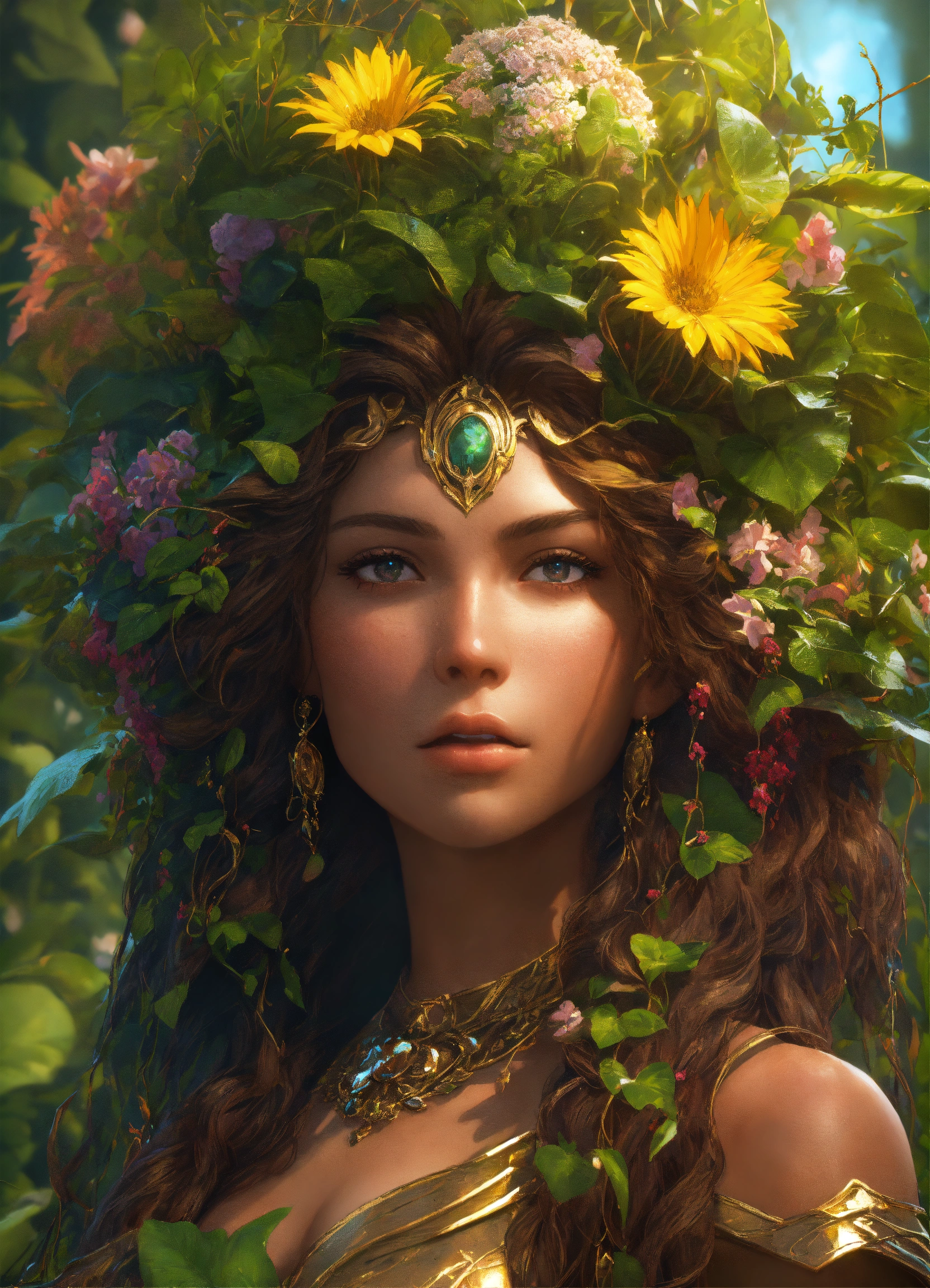 Lexica - "legendary nature goddess", big hair, plants, vines, earth ...
