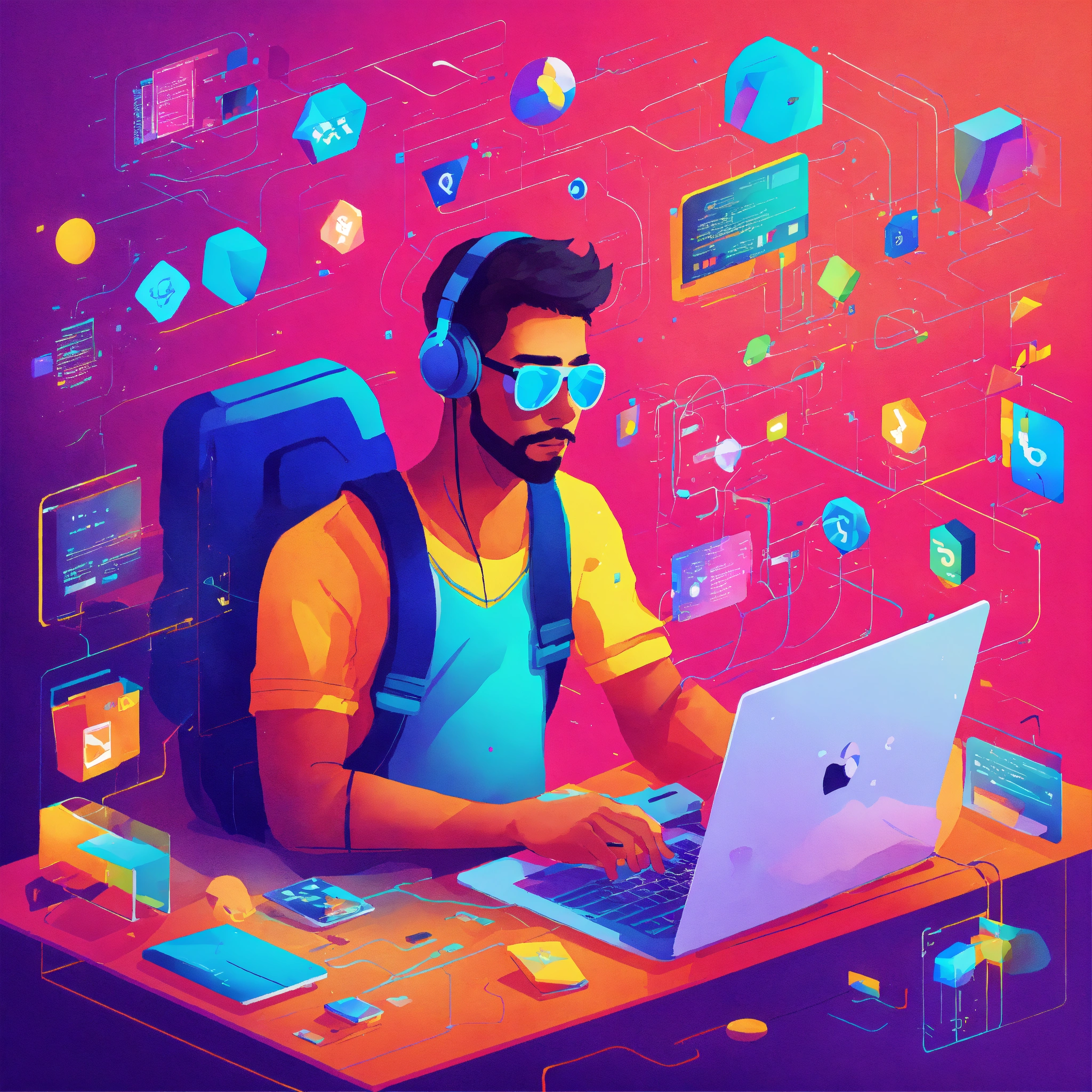 Lexica - An imaginative illustration of a software developer exploring a new language. The ...