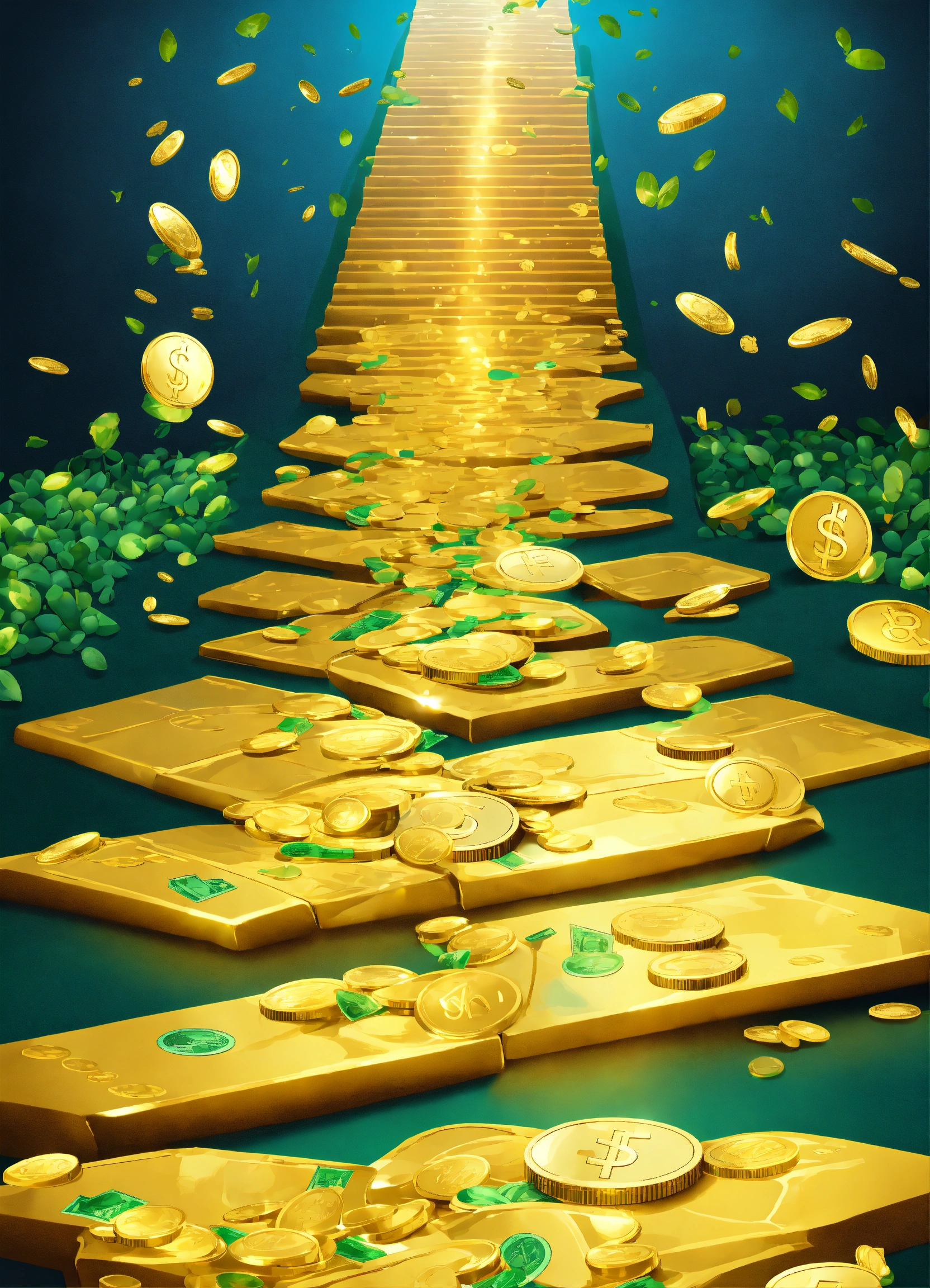 Lexica - A rich pathway full of gold, and money, flat vectors, central justified, in gold green ...