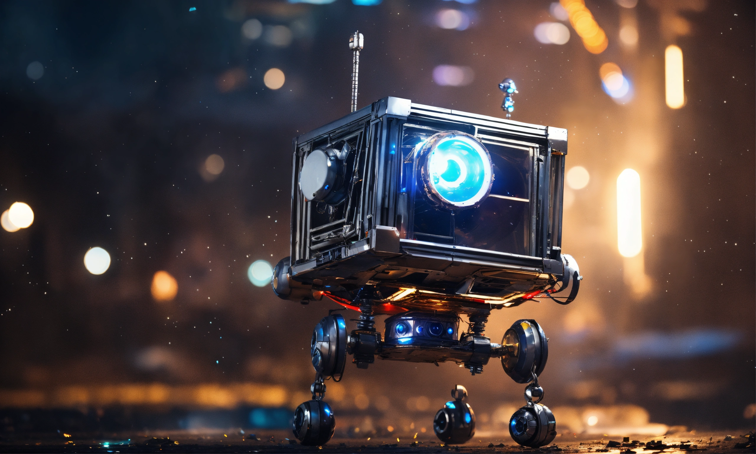 Lexica - Small flying floating polished silver cube bot with 2 round lights on front for eyes ...