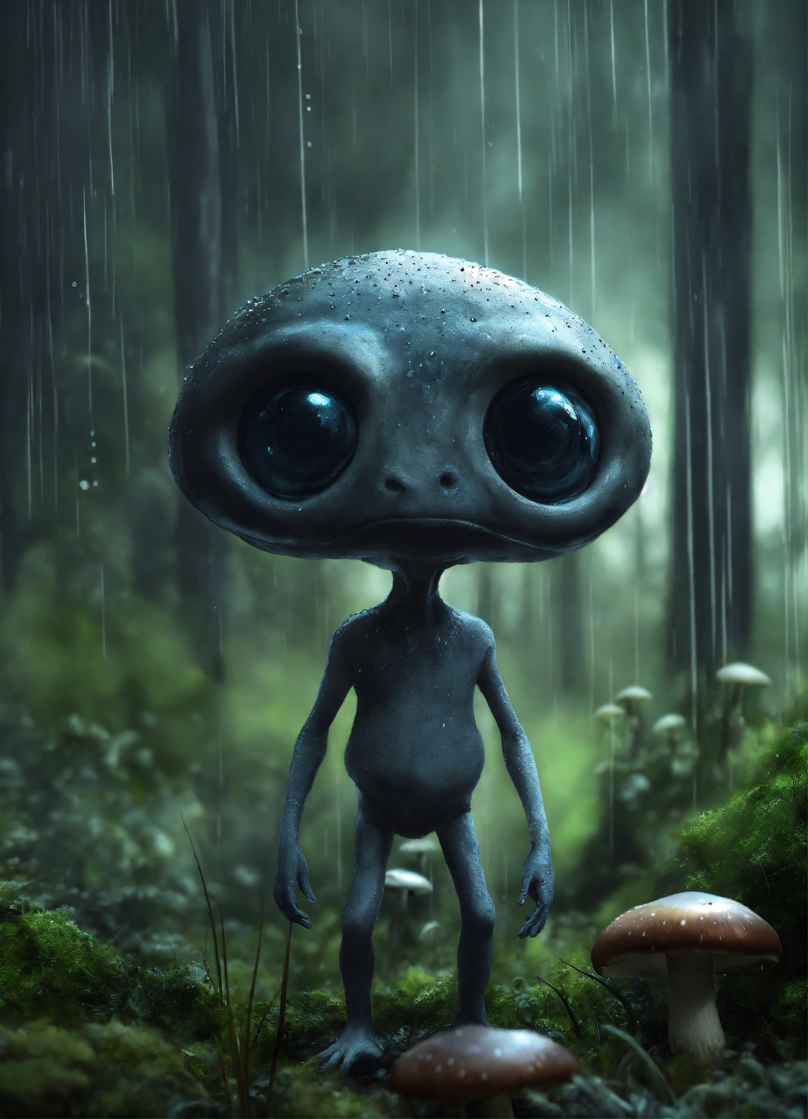 Lexica - A grey alien , big eyes blacks , mushrooms, grass, nigth ...