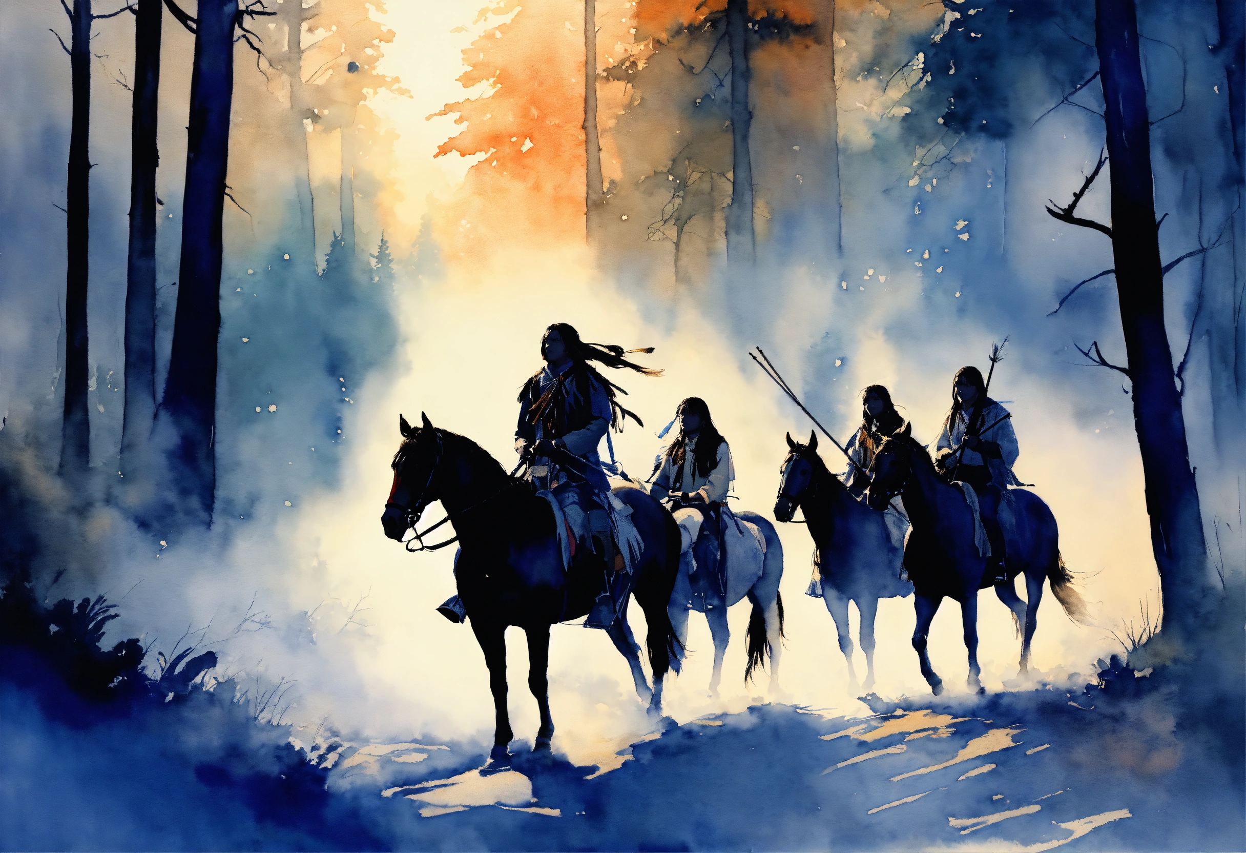 Lexica - Amazing watercolor painting of native Americans riding ...