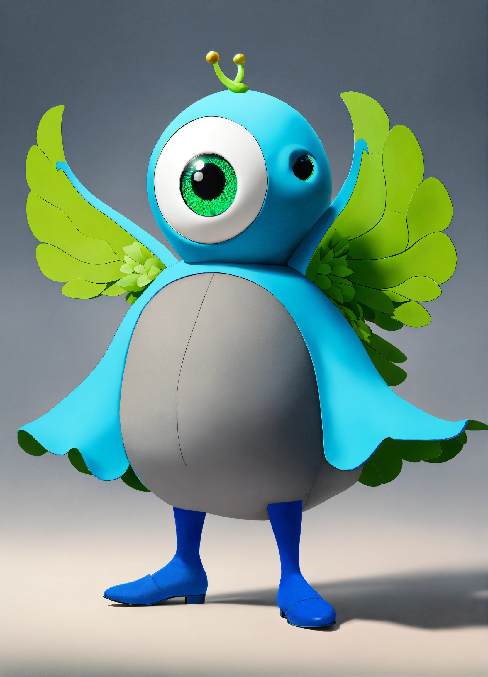 Lexica - A gray cartoon blob with one eye, bright green wings, and blue ...