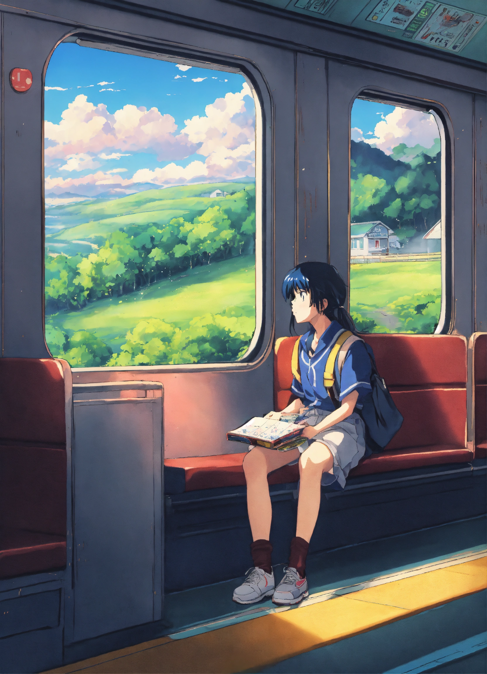 Lexica - 90's anime on a lonely train looking thru the window