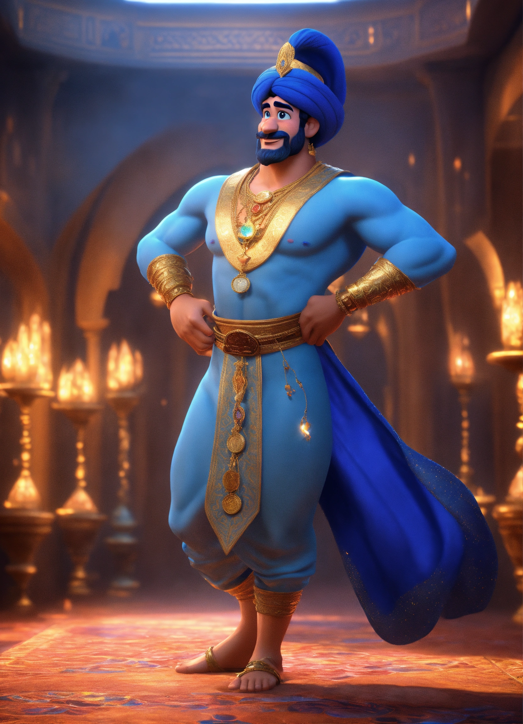 Lexica - Create a 3D rendering of a magical blue Arabian male genie ...
