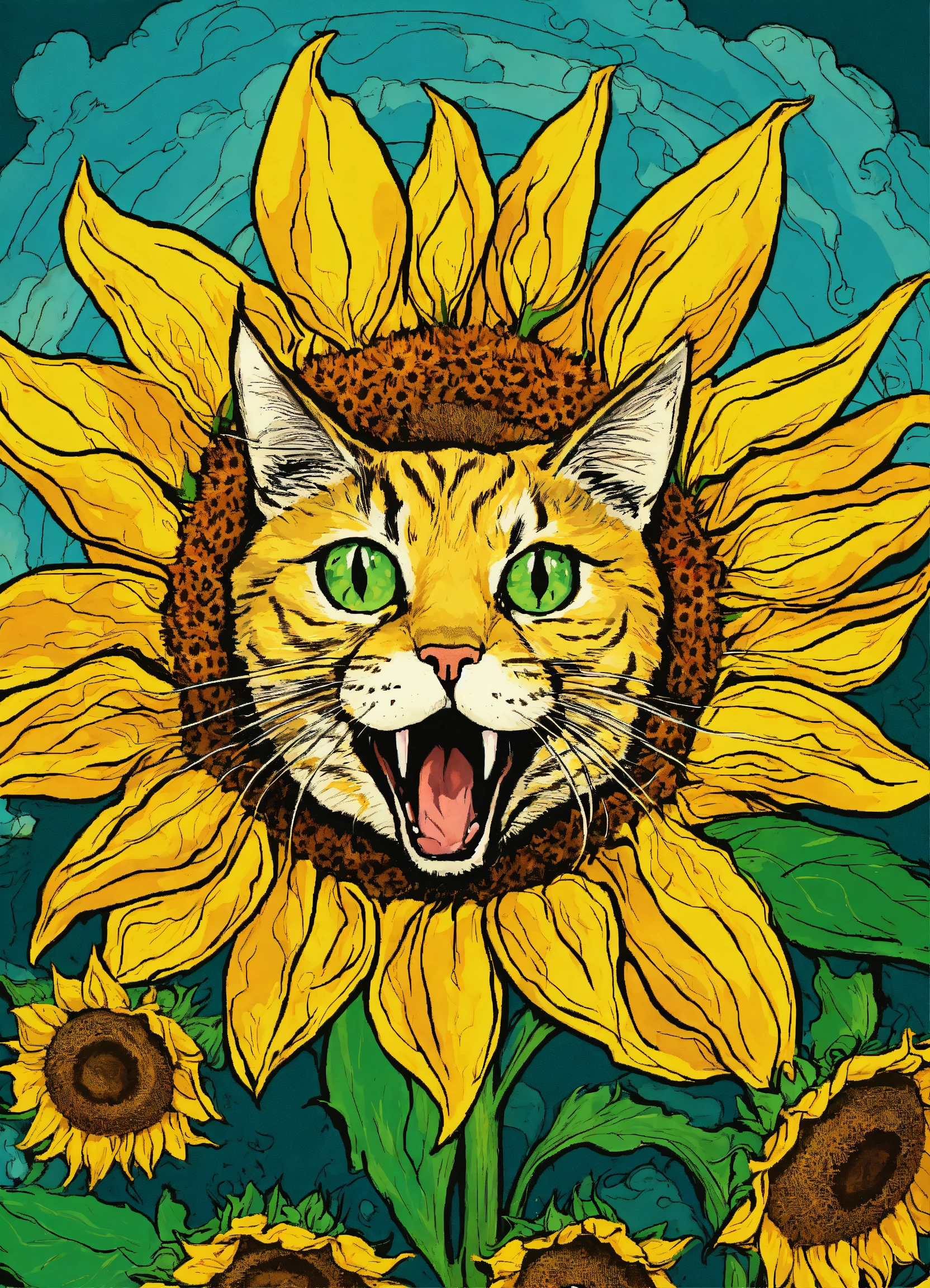 Lexica - An enraged cat dive into the sunflower. comics, psychedelic ...