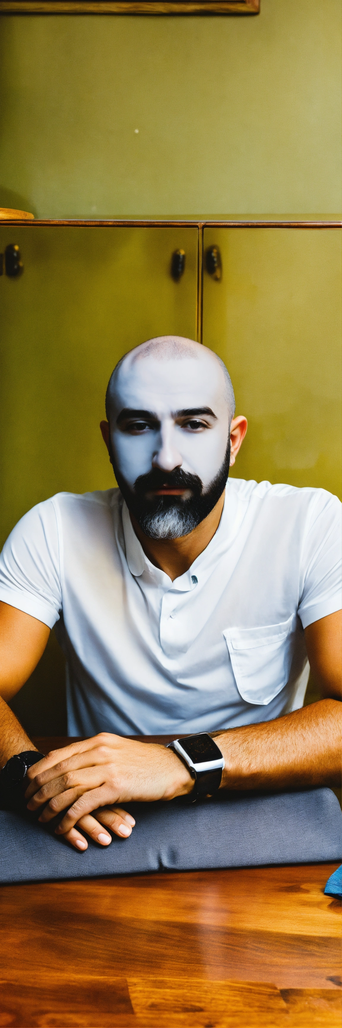 Lexica - Turkish bald guy white shirt sitting on table no beard