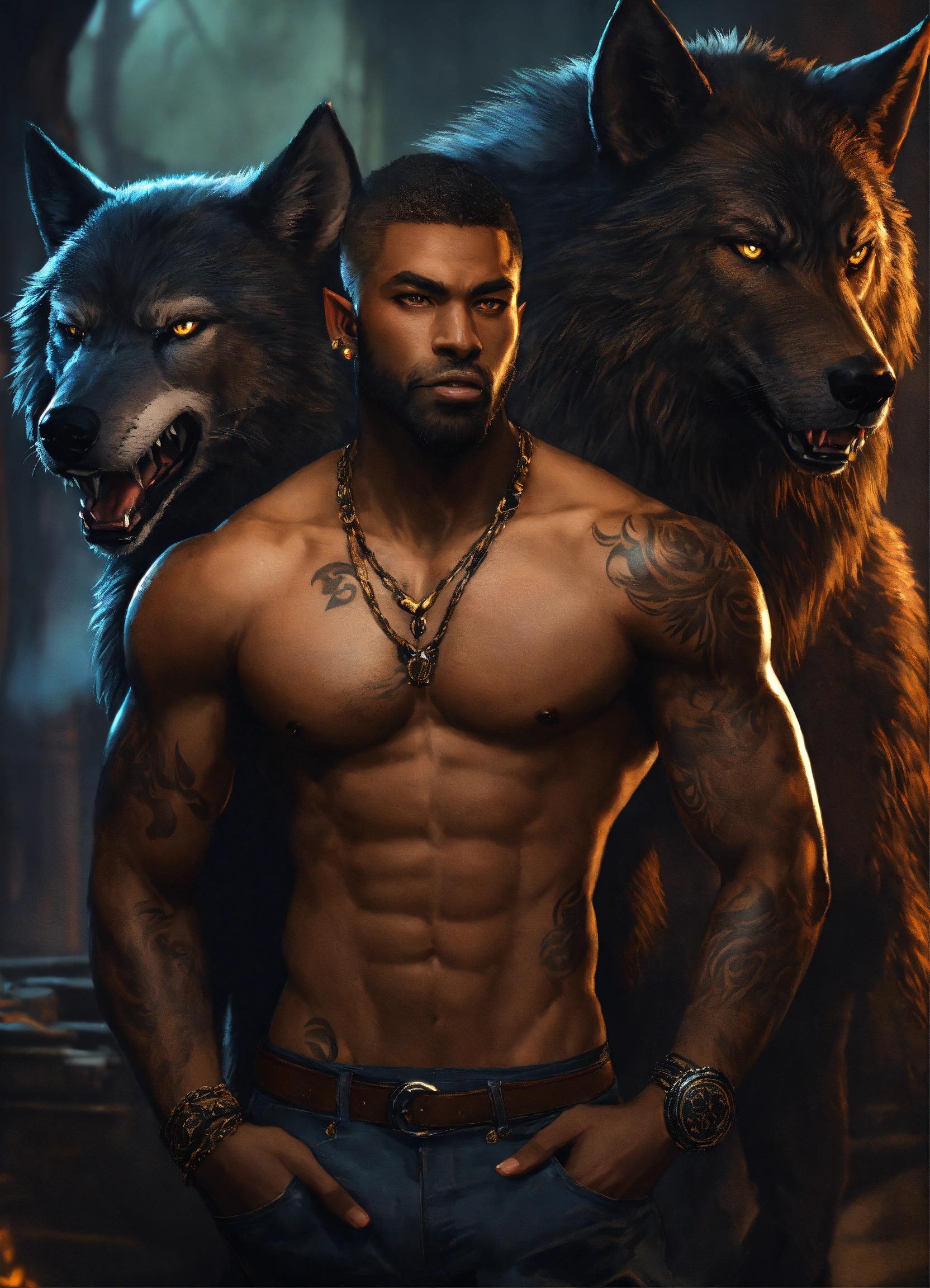 Lexica - Handsome black male, werewolf, pointy ears, tattoos chest and arms