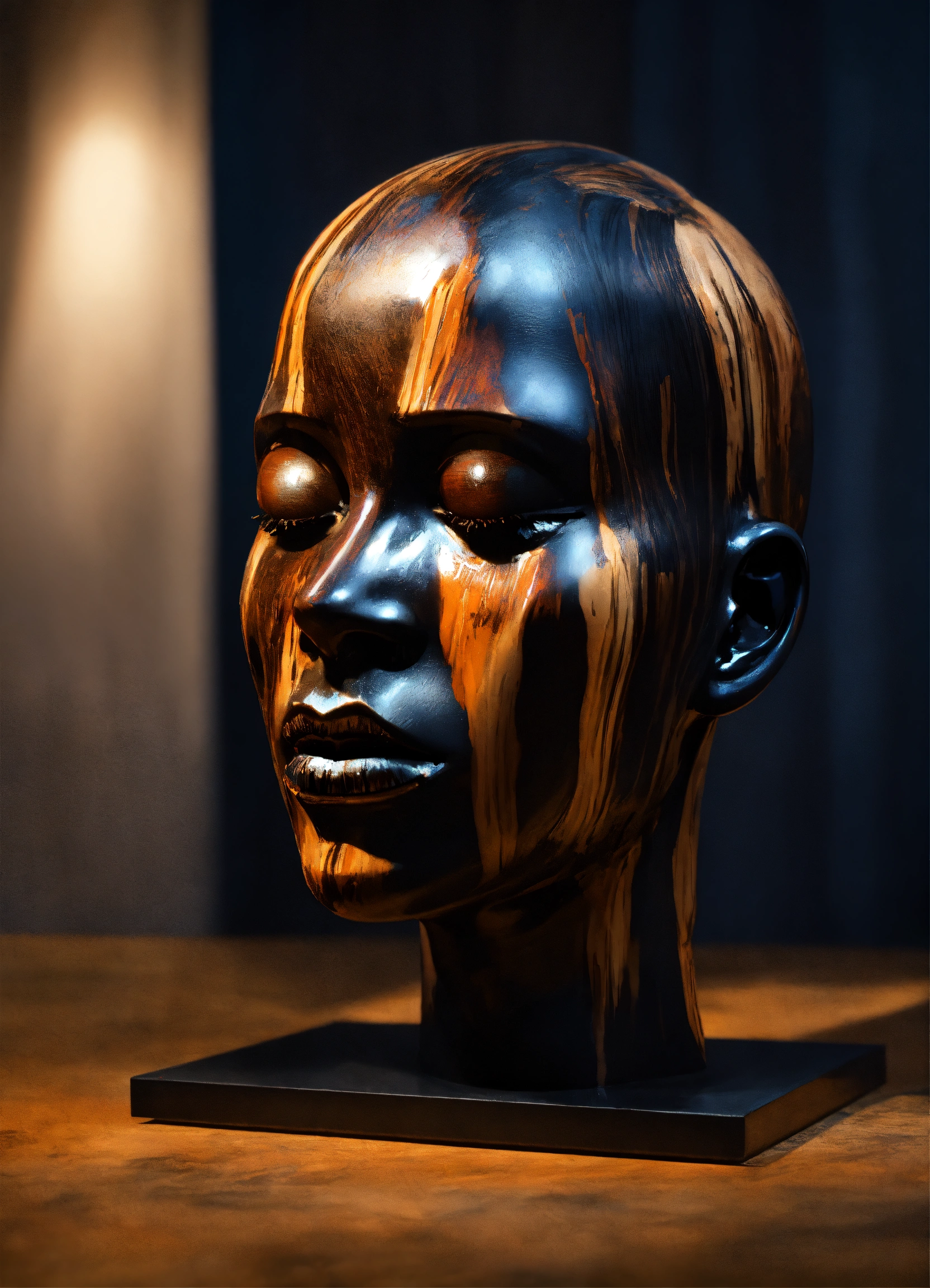Lexica - A wood sculpture of a head, black paint melted, hd render ...