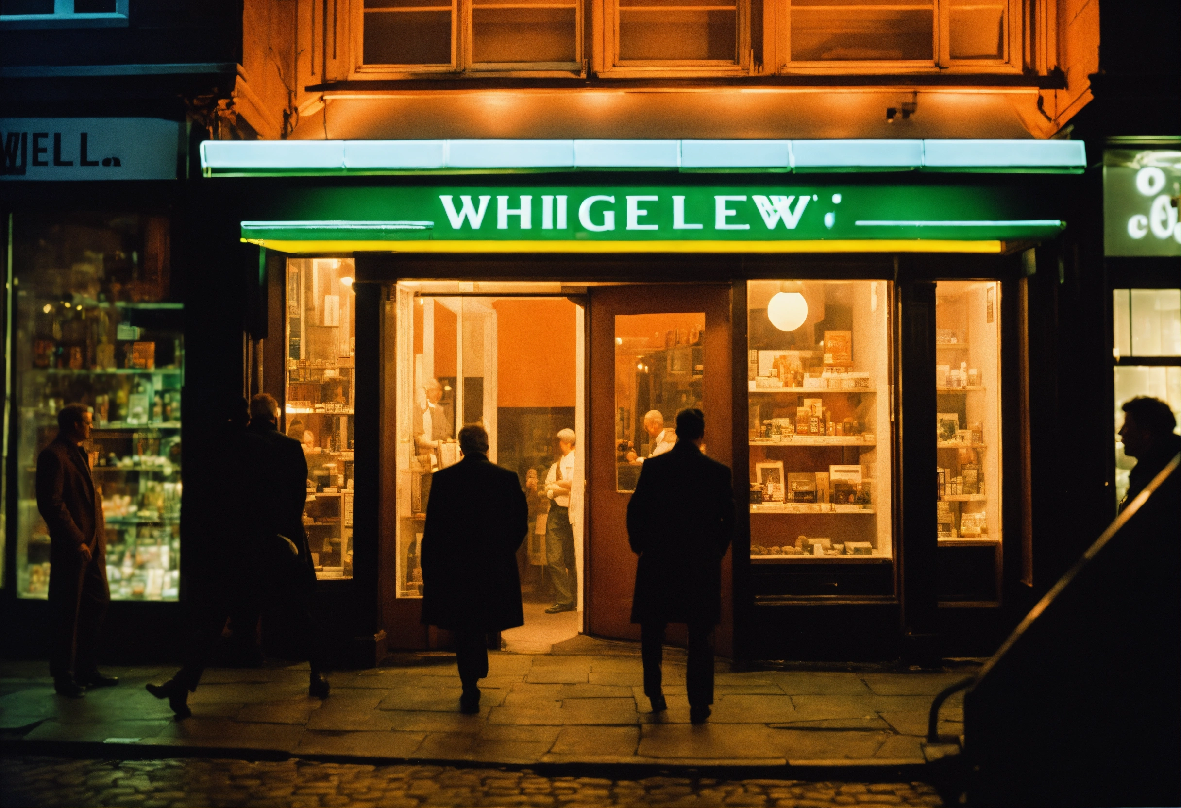 Lexica - Wide Dutch angle shot, a group of male figures, entering shop ...