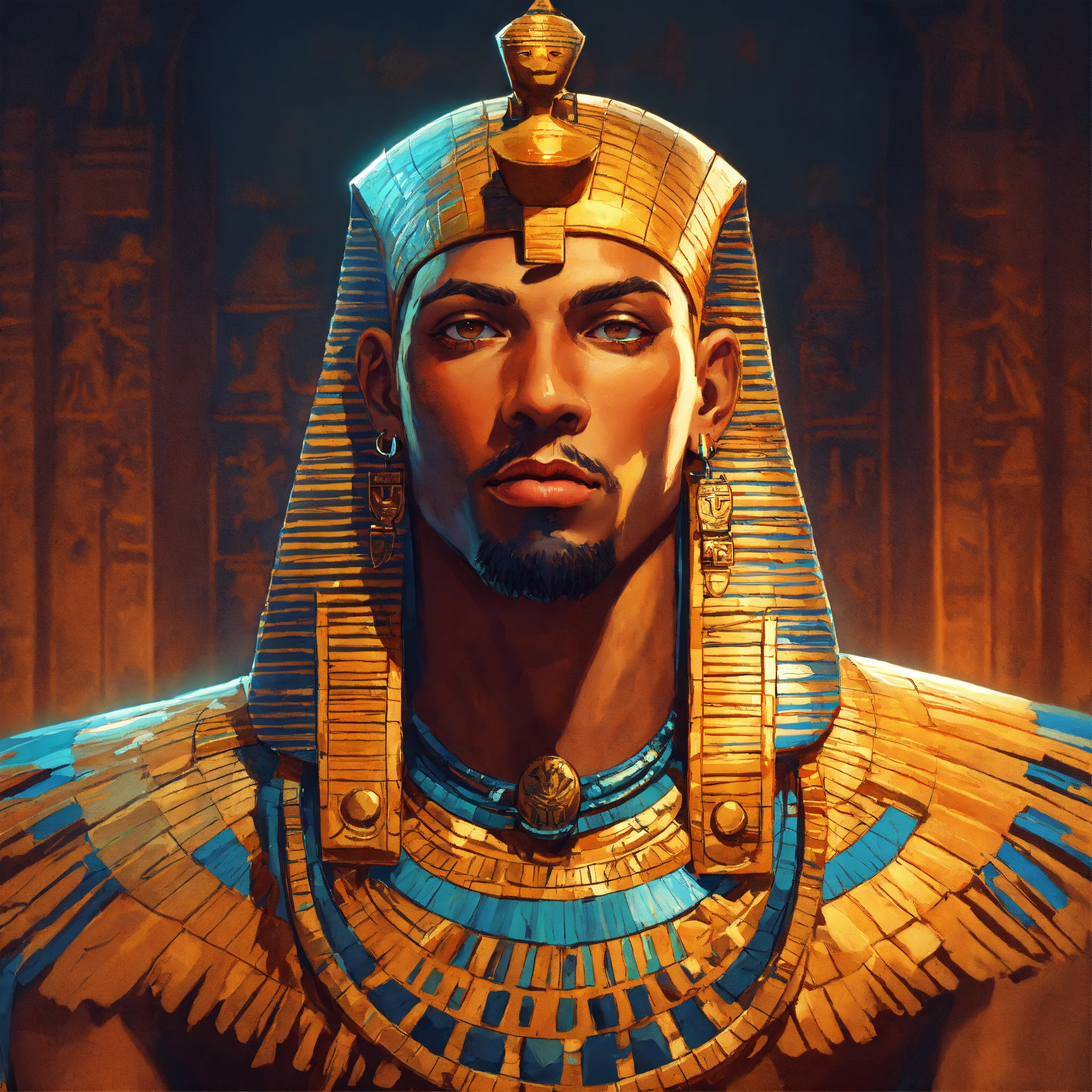 Lexica - Pharaon Amenhotep, cartoon oil paint, 2D illustration style, sharp focus, bright color ...