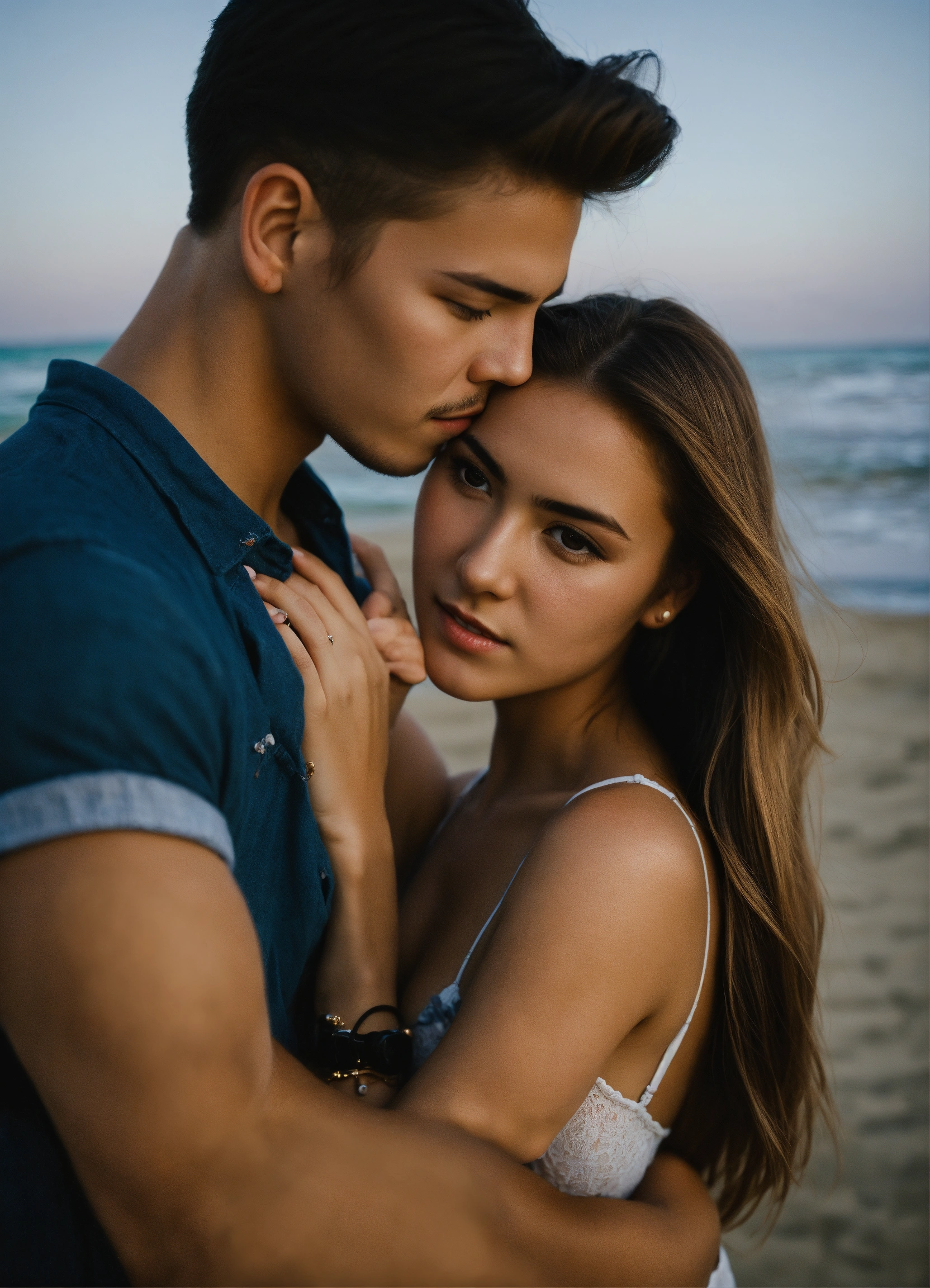 Lexica - Man holding beautiful girl, his hand on her cheek, she stares ...