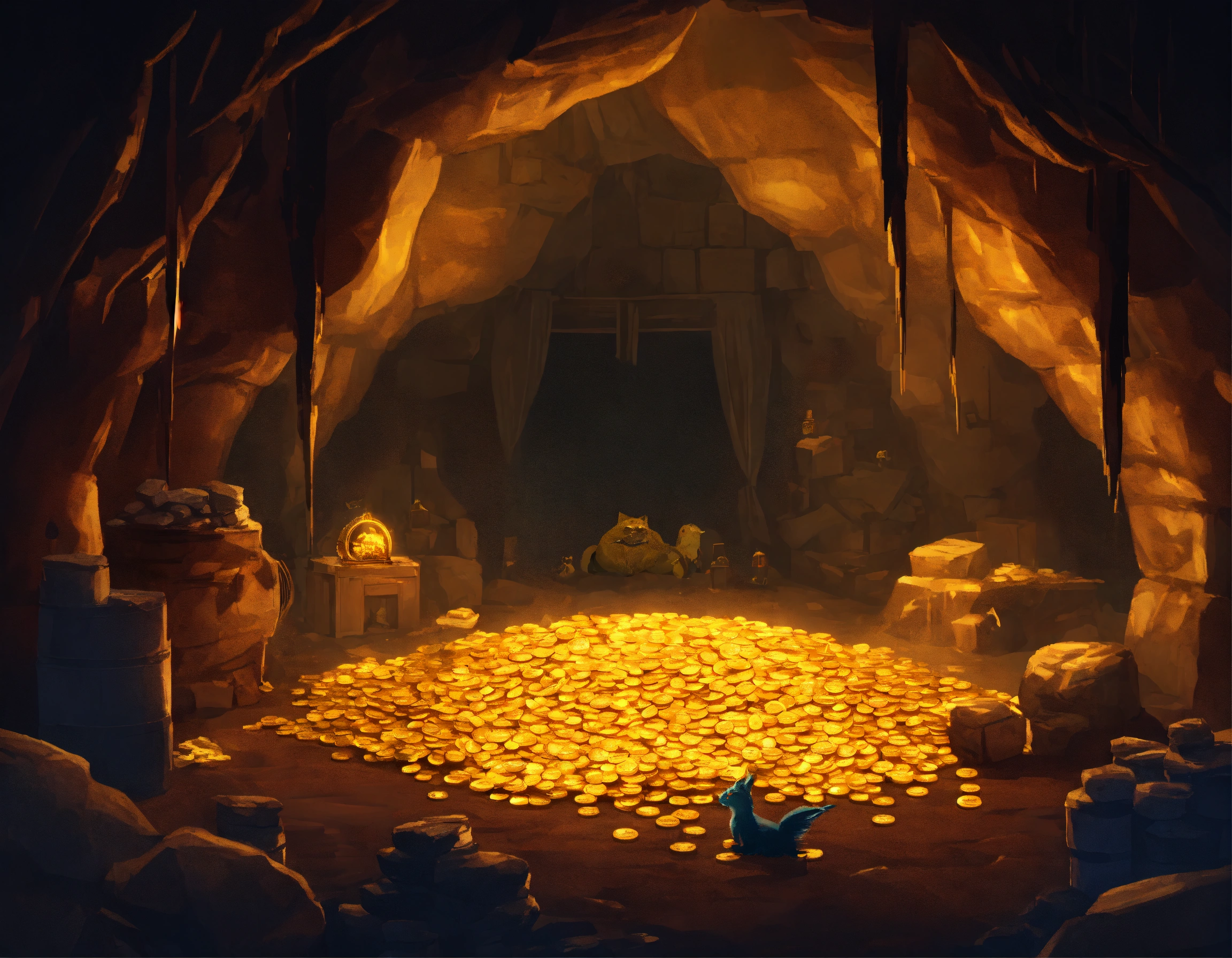 Lexica - Dark cave room full of golden coin piled up, sleeping monster ...
