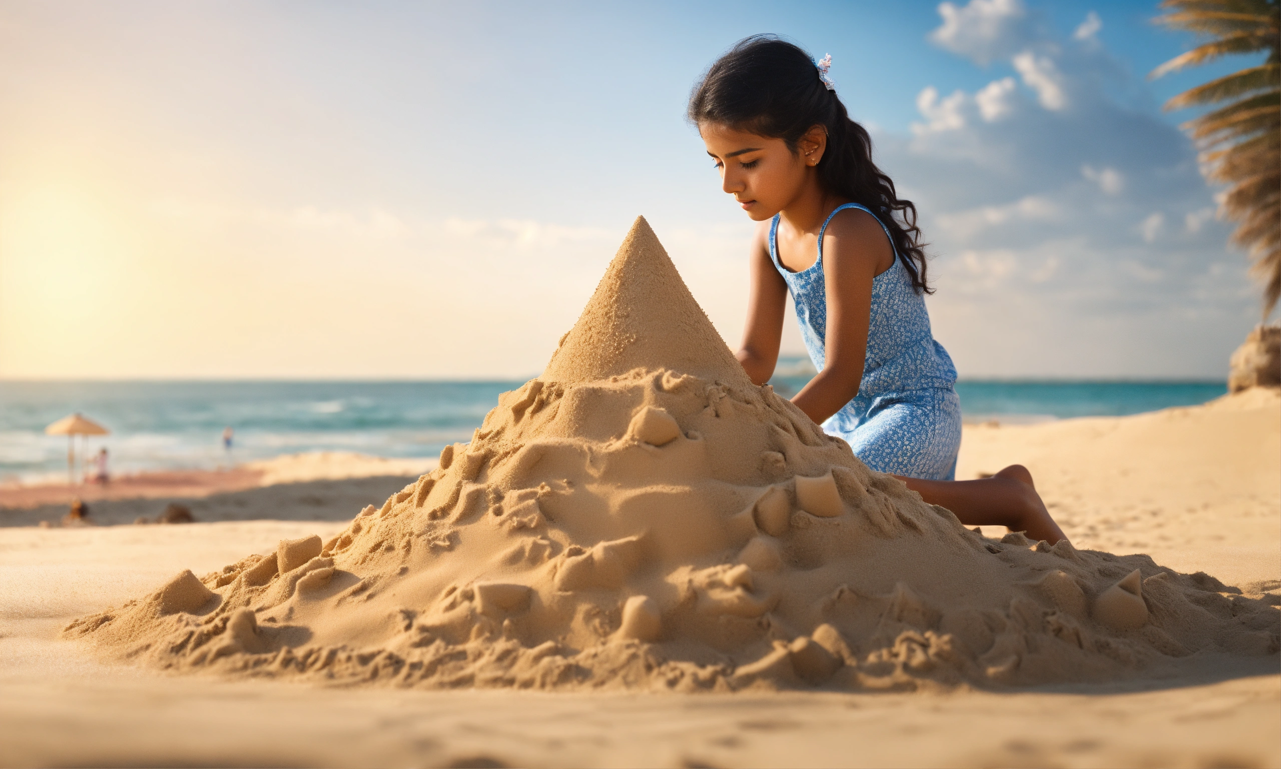 Lexica - Saudi girl, building sand castle, close up, beach, photo ...