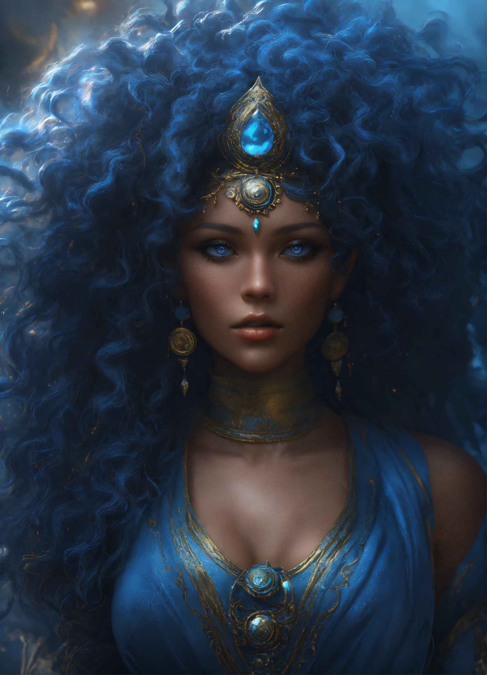 Lexica - "ethereal female genie with blue skin", huge curly hair, magic ...