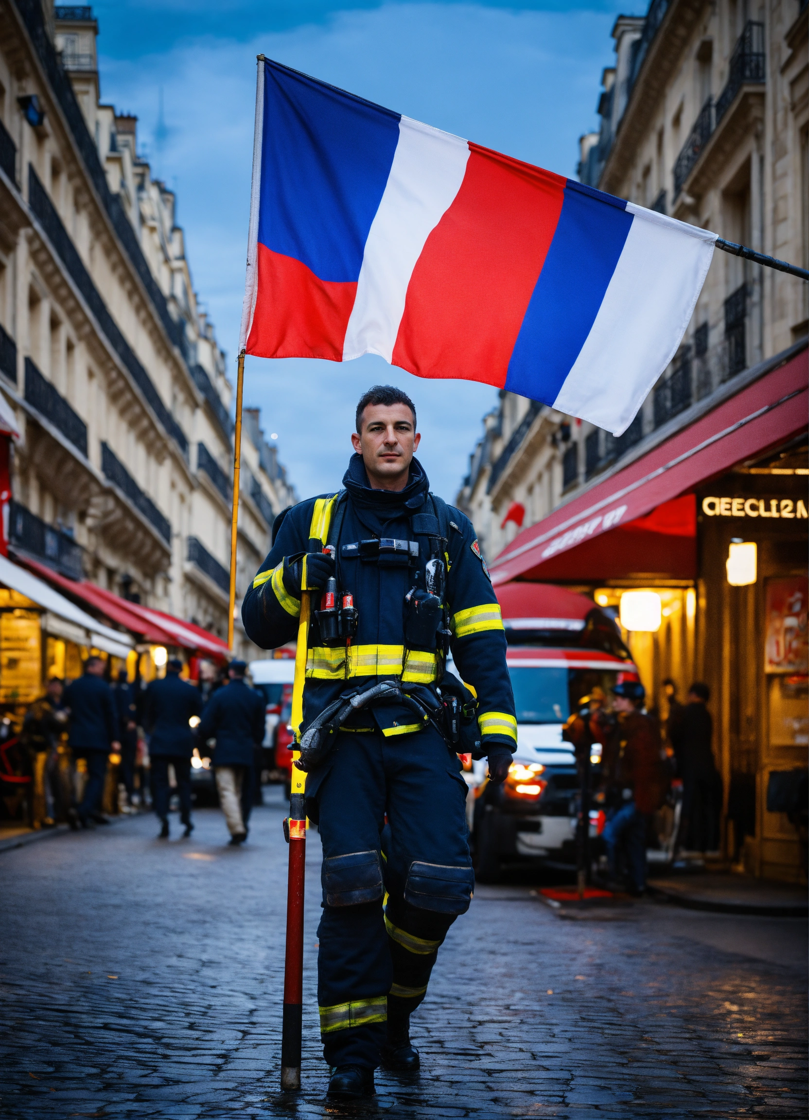 Lexica - French firefighter in Paris with the French flag