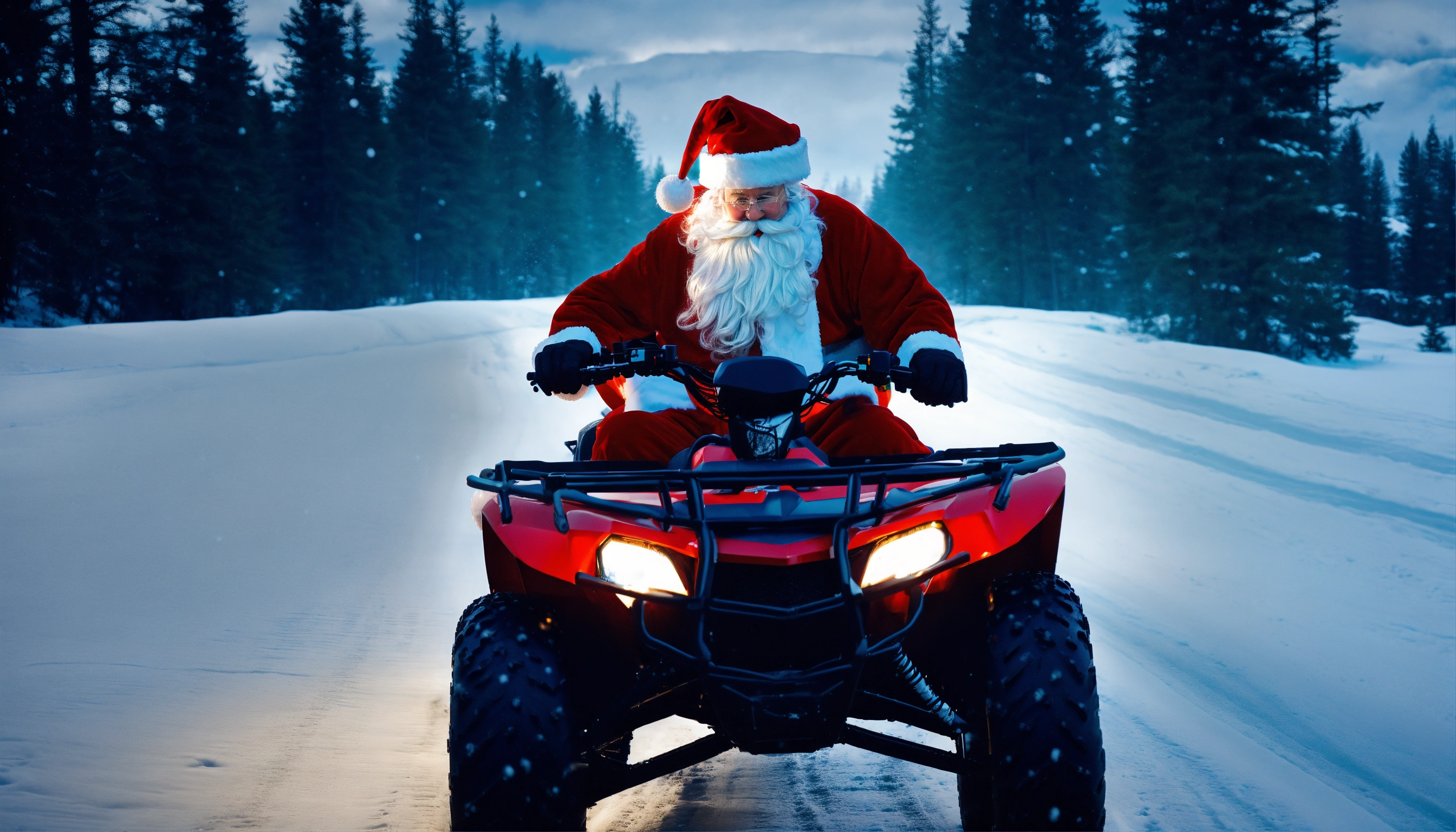 Lexica - Santa Claus with big sack bag rides along a snowy road on an ...