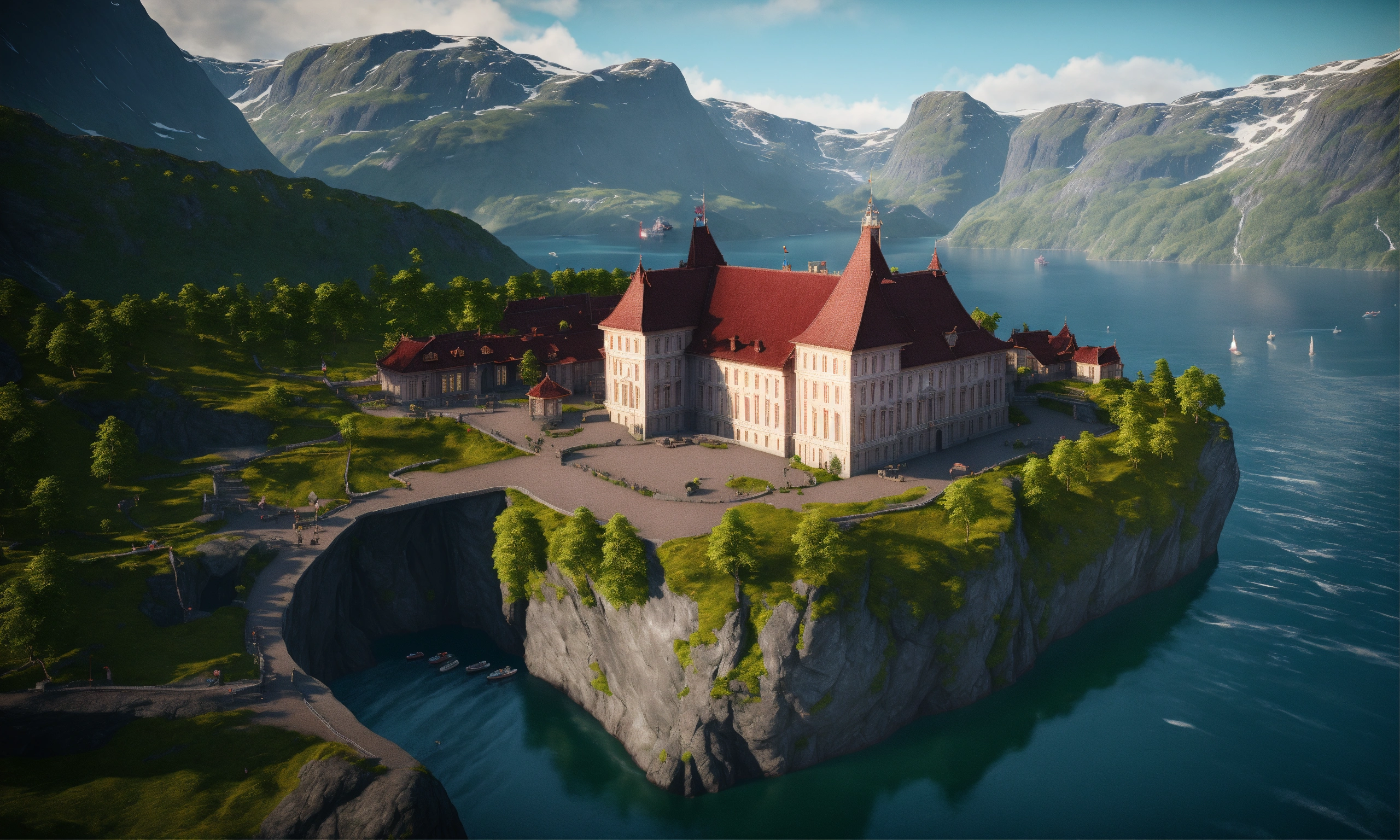 Lexica - Full image of a massive royal palace with a maroon roof on a cliff overlooking a Fjord ...