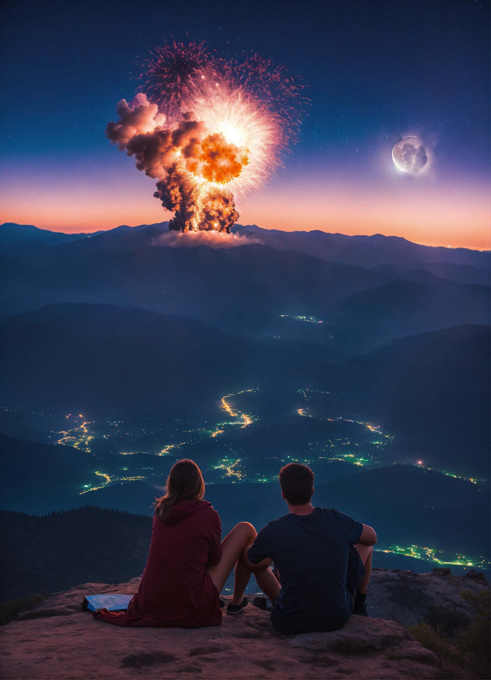 Lexica - A couple sitting on a mountain top watching the moon explode by an explosion in the ...