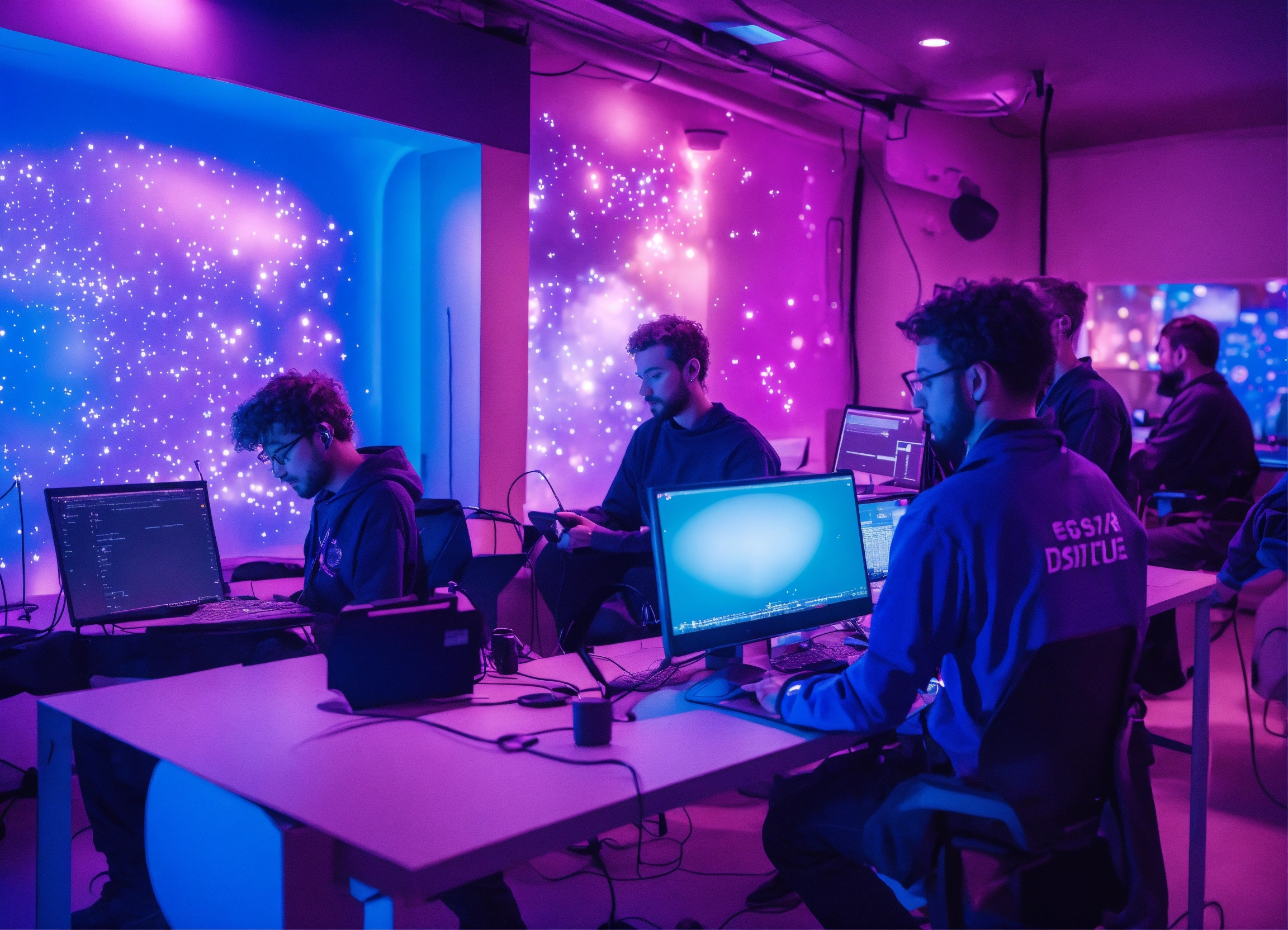 Lexica - 5 personnes entrain de coder sur des ordinateurs dans un espace violet et bleu