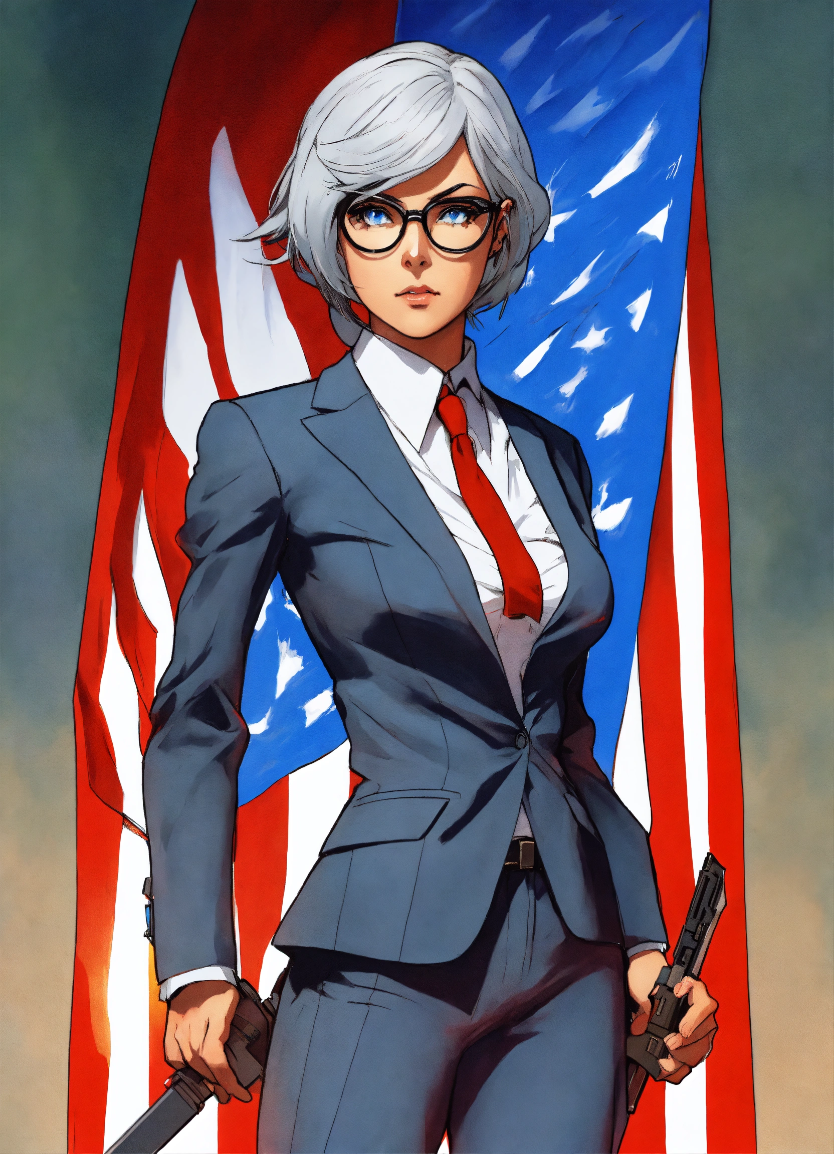 Lexica - Grey-haired female vigilante, combat stance, glowing blue eyes ...
