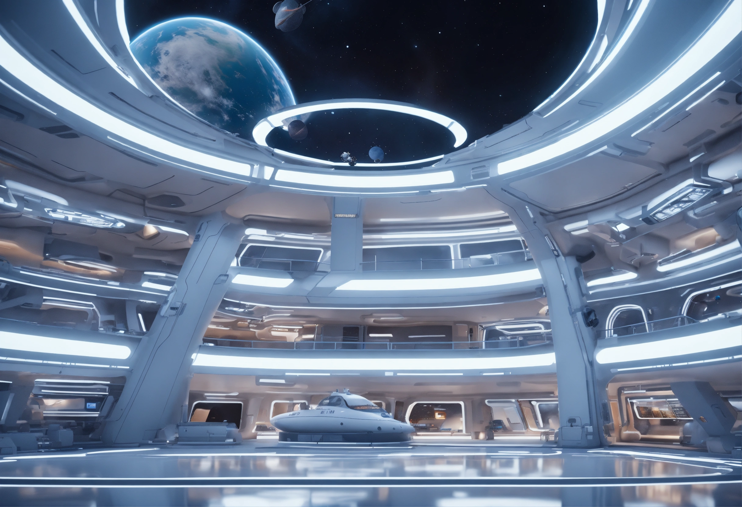 Lexica - Zoom out on a huge modern style white commercial space station ...