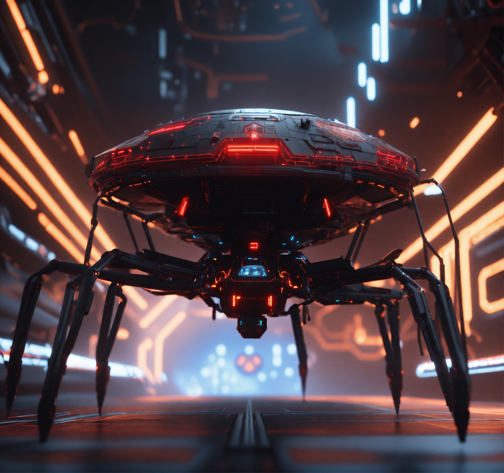 Lexica - Zoom out on a extra long black robotic black widow spider ...