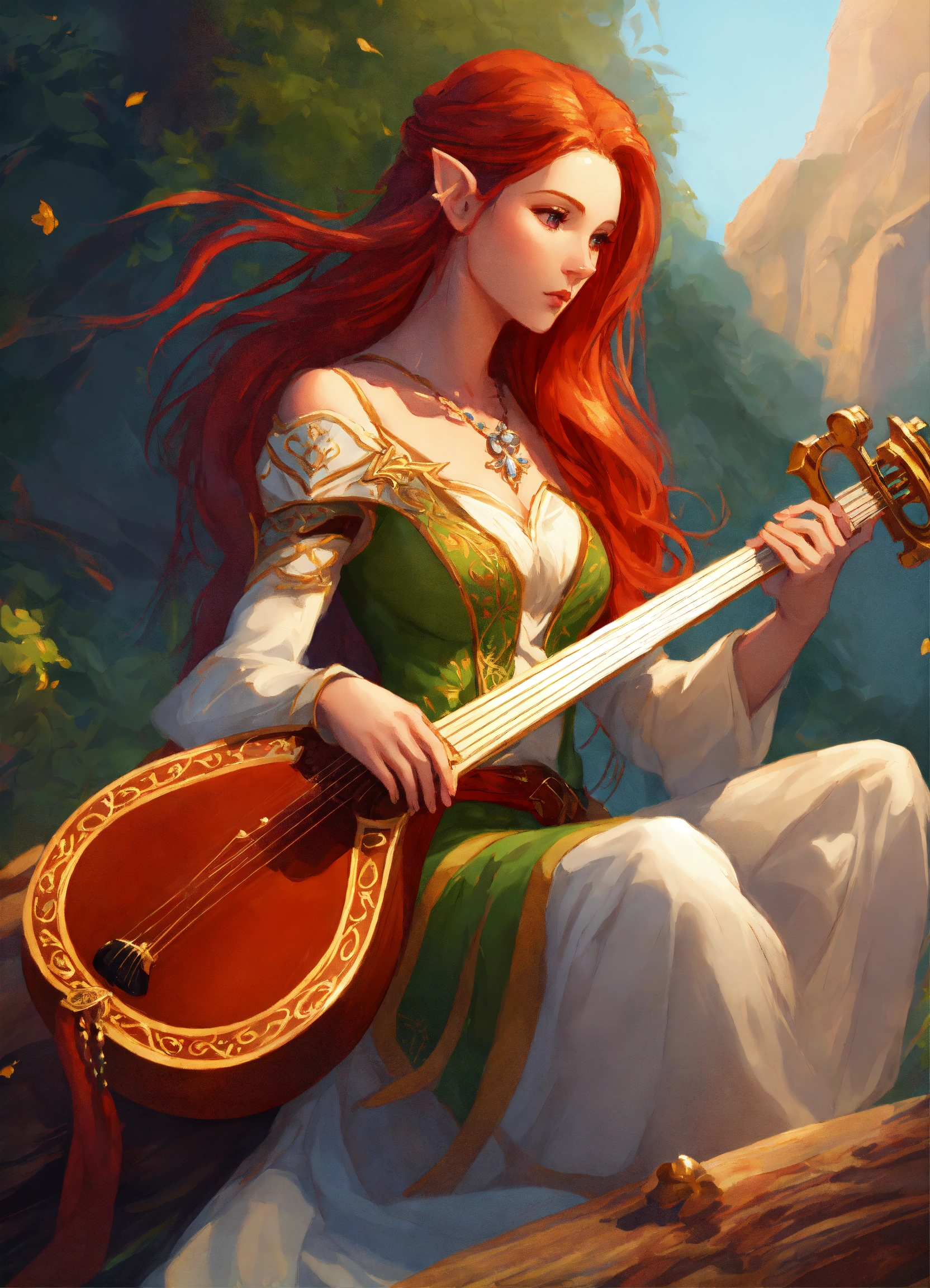 Lexica - Beautiful bard female elf, long red hair, royal, holding a ...