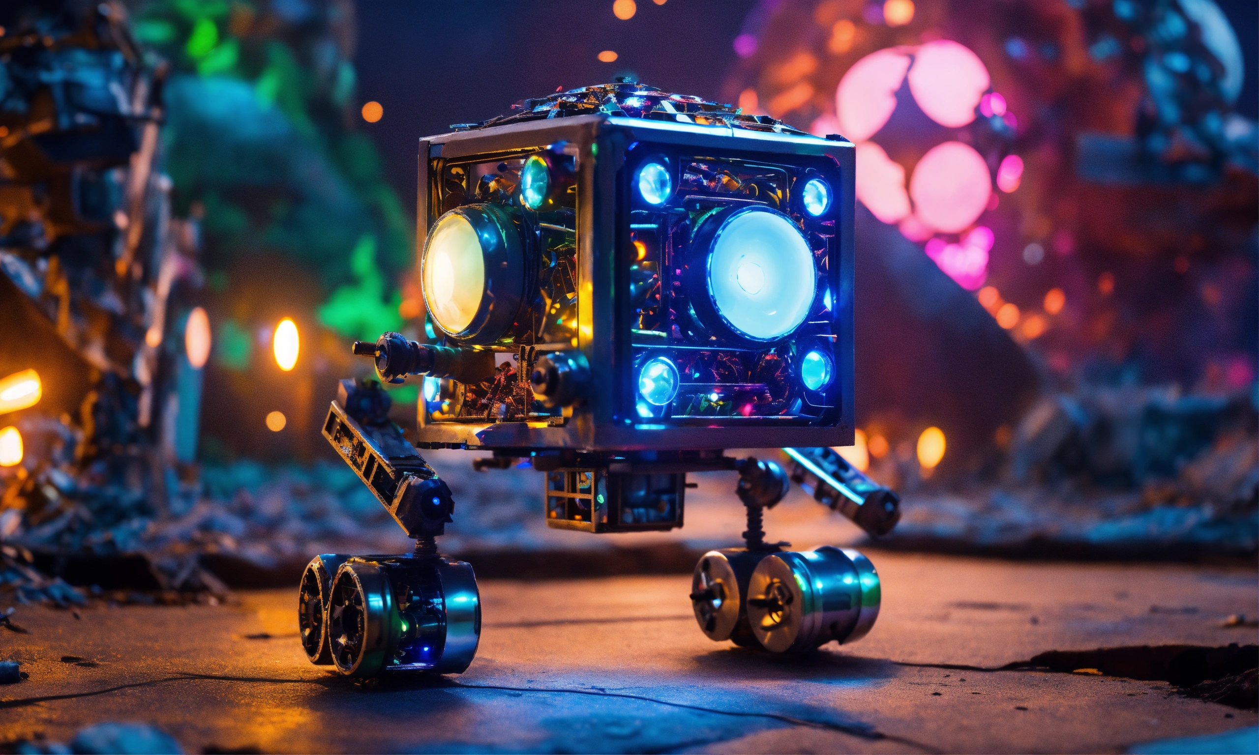 Lexica - Small floating polished steel cube bot with 2 round lights on ...