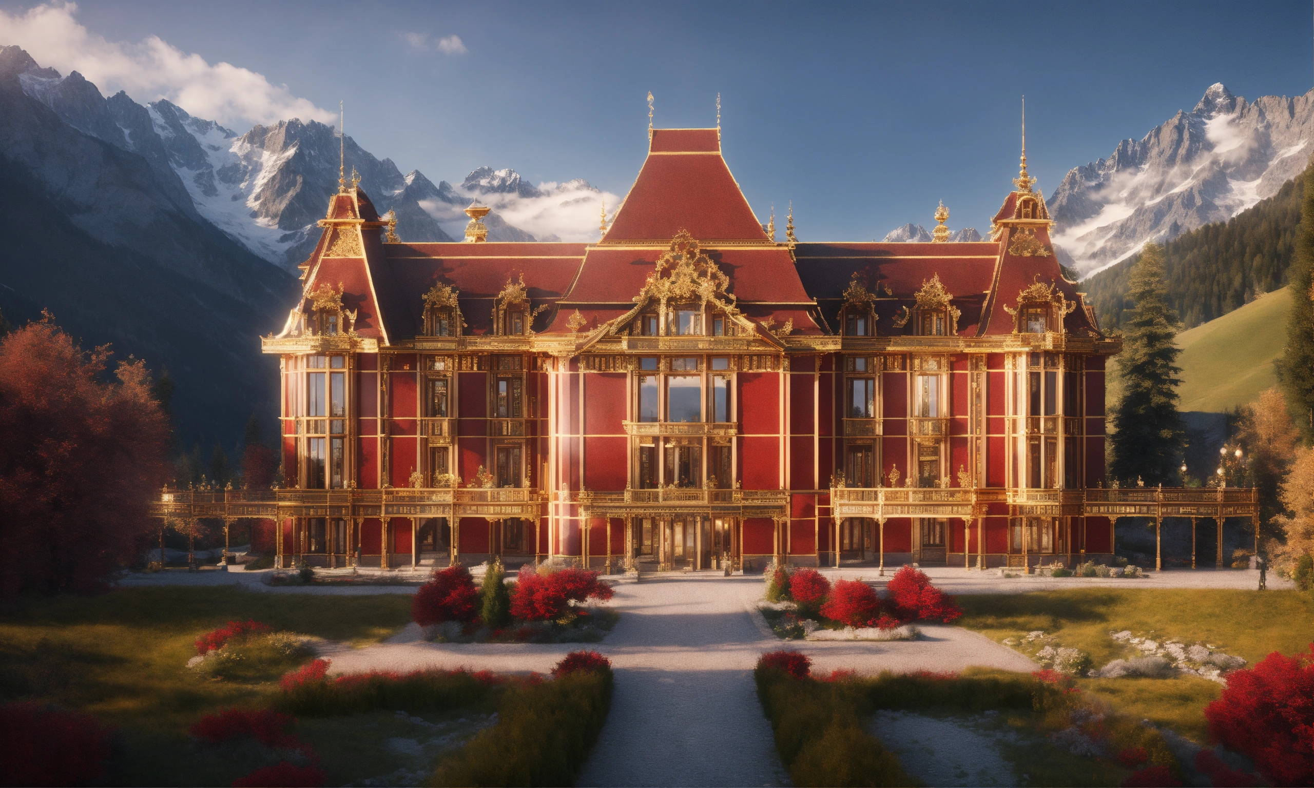 Lexica - Beautiful elegant red and gold palace in the alps, european ...