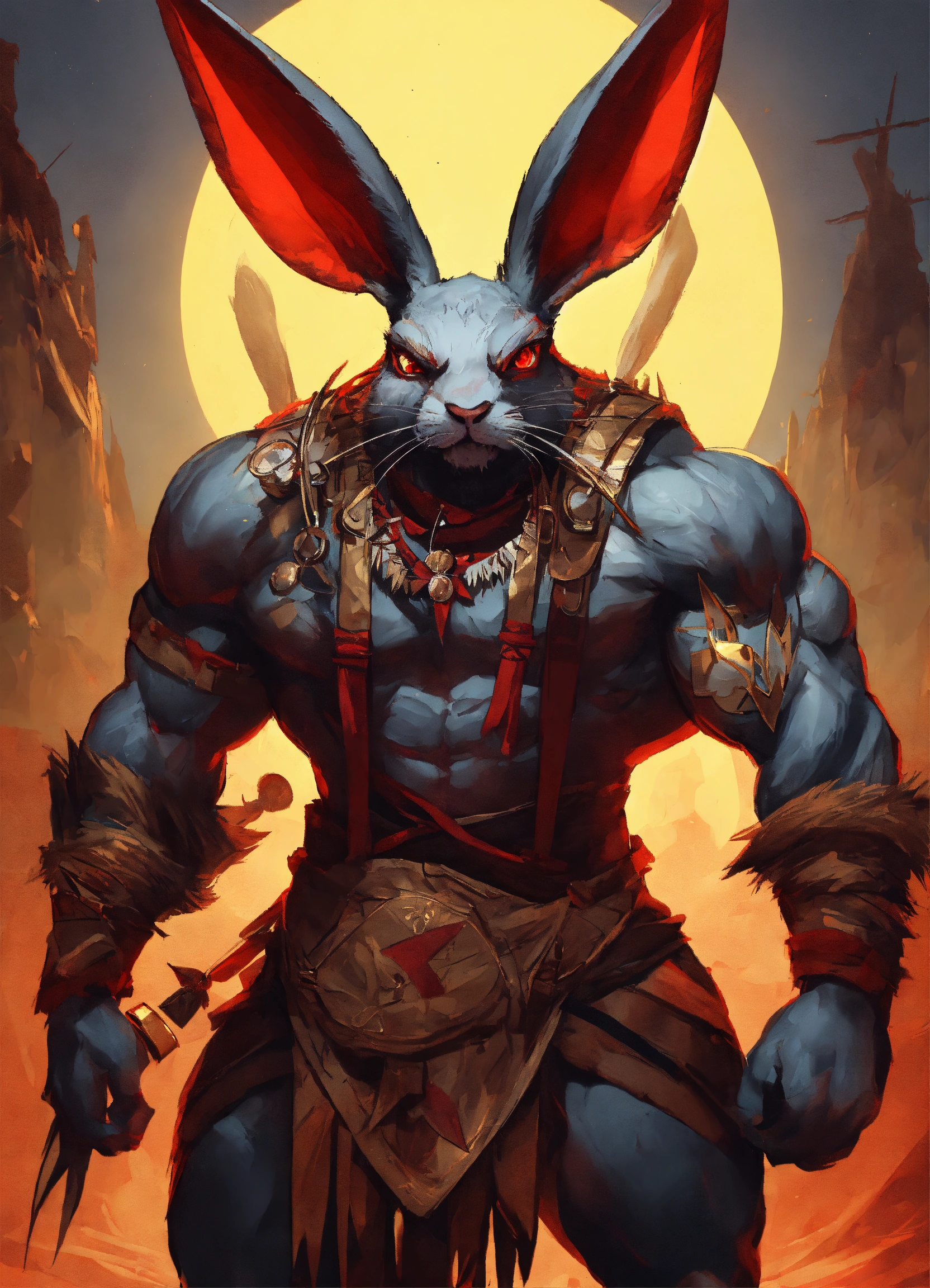 Lexica - A muscular rabbit tribalman with red eyes, sharp teeth and tall