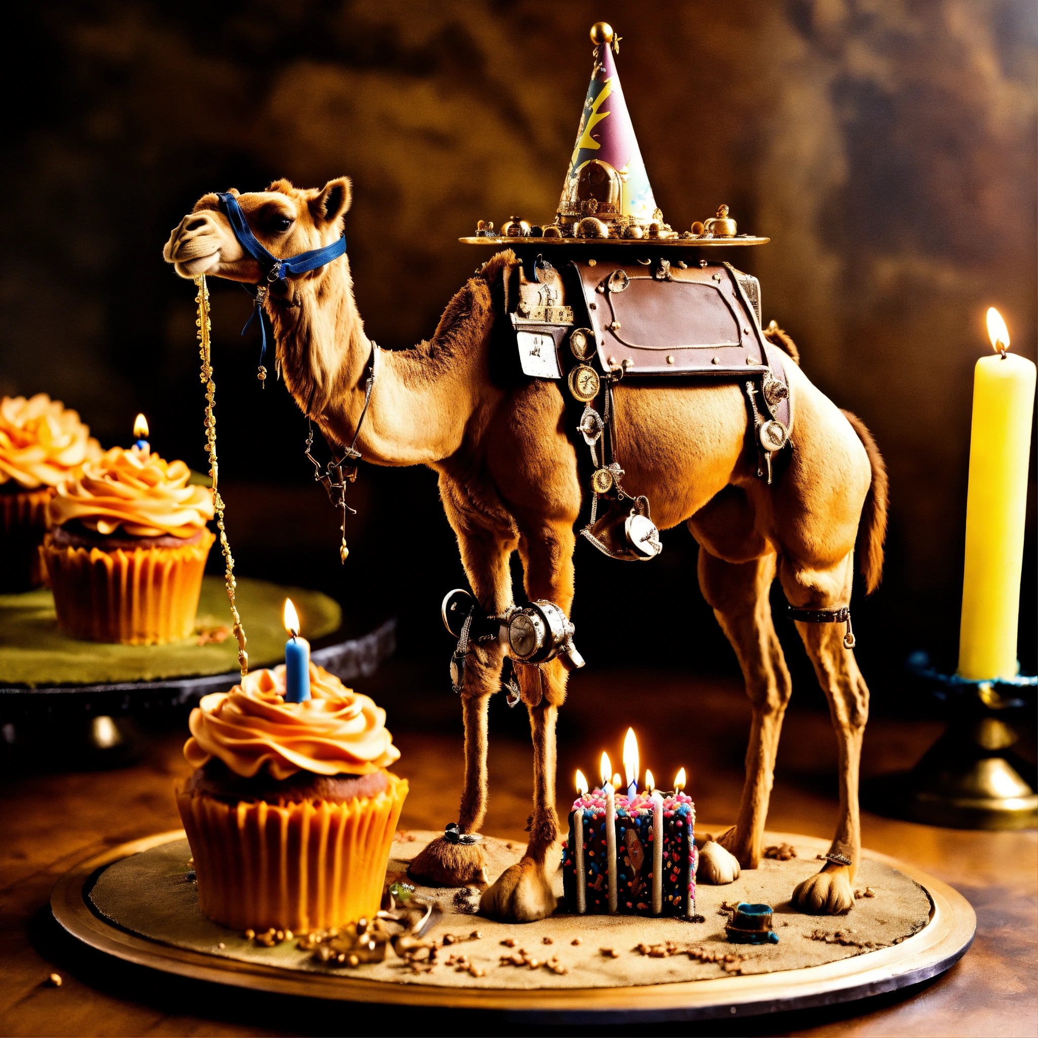 Lexica - Camel wearing a birthday hat blowing out candles on a birthday ...