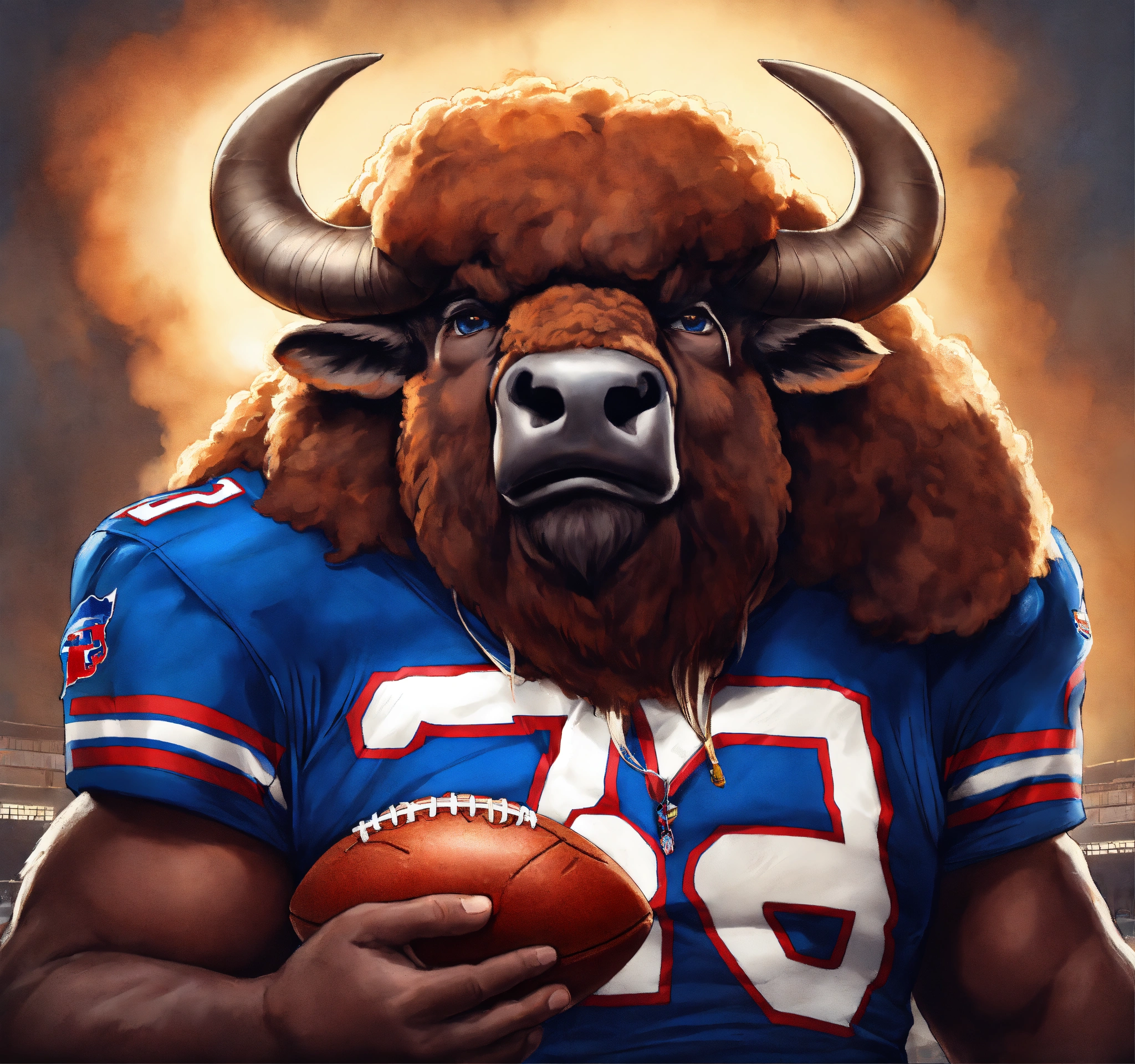 Lexica - Cartoonish Big buffalo wearing buffalo bills uniform holding a ...